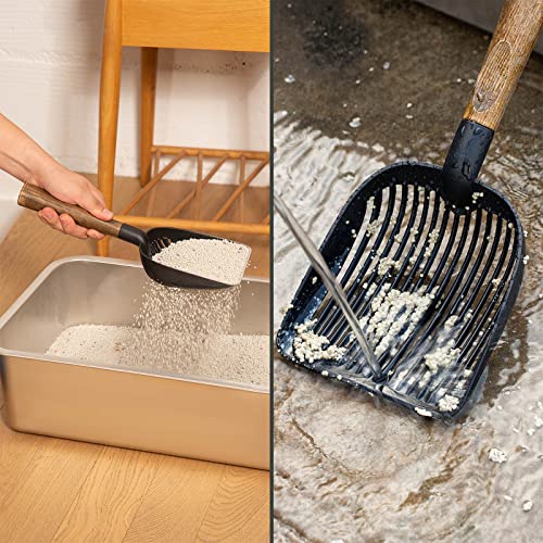 Yangbaga Newest Cat Litter Scoop with Deep Shovel, Non-Stick Coated Metal Litter Scoop with Ash Wood Handle&Hanging Design, More Efficient Litter Sifter with Better Litter Filtration (Dark Brown)