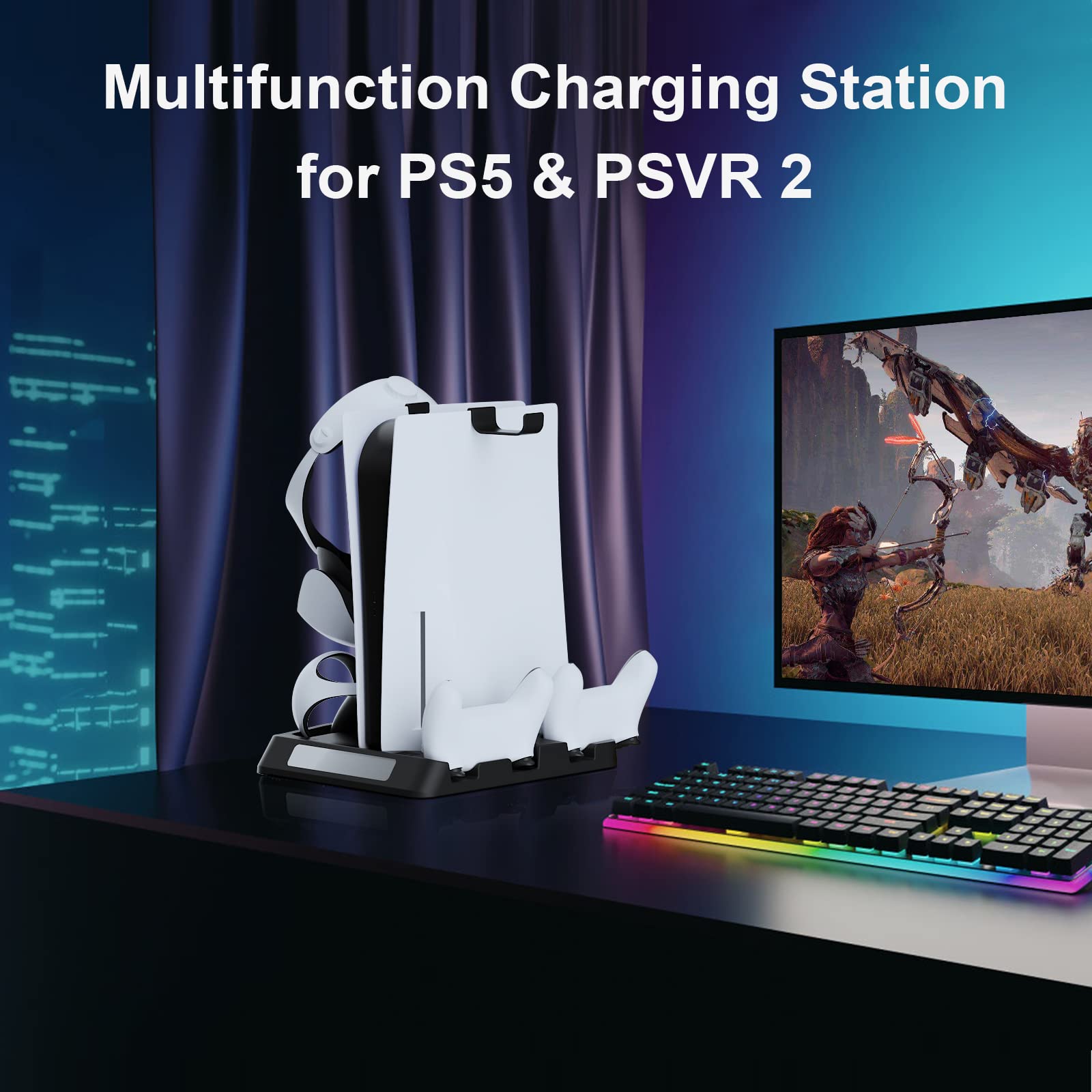 Vertical Stand with Headset Holder for PS5 and PSVR 2, Playstation 5 VR2 Accessories Charger, PS5 and PS VR Charging Station (Black)