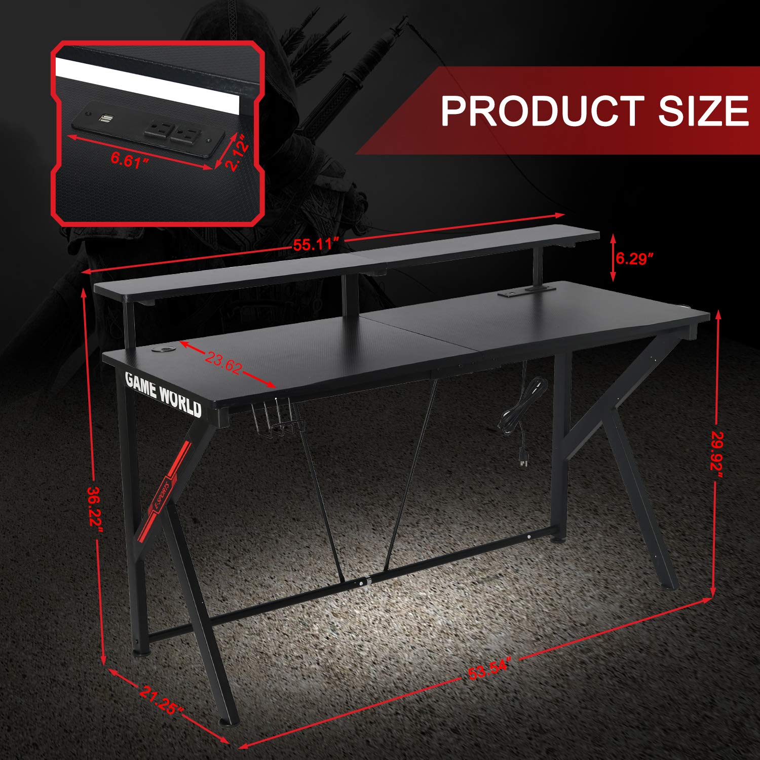 LYNSLIM Black Computer Gaming Desks - 55” W x 23” D Computer Table with Display Support Plate Cup Holder and Headphone Hook Large Surface E-Sport Gamer Workstation Desk Table for Home Office PC
