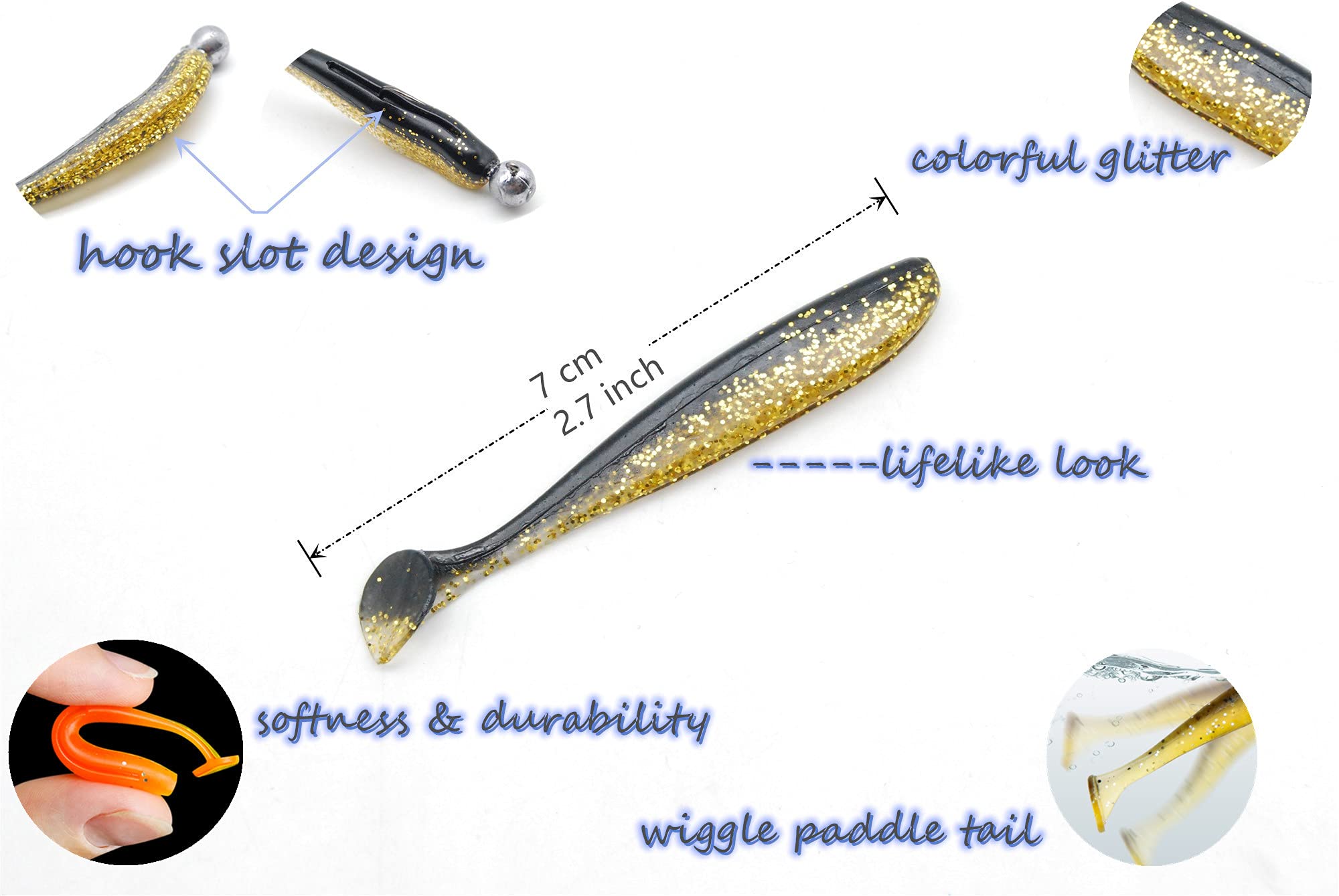 Papa.Jiang 53 PCS Soft Finshing Lure for Bass, Soft Paddle Tail Fishing Swimbaits Lures, 2.7 inch, Multiple Color Available with Box