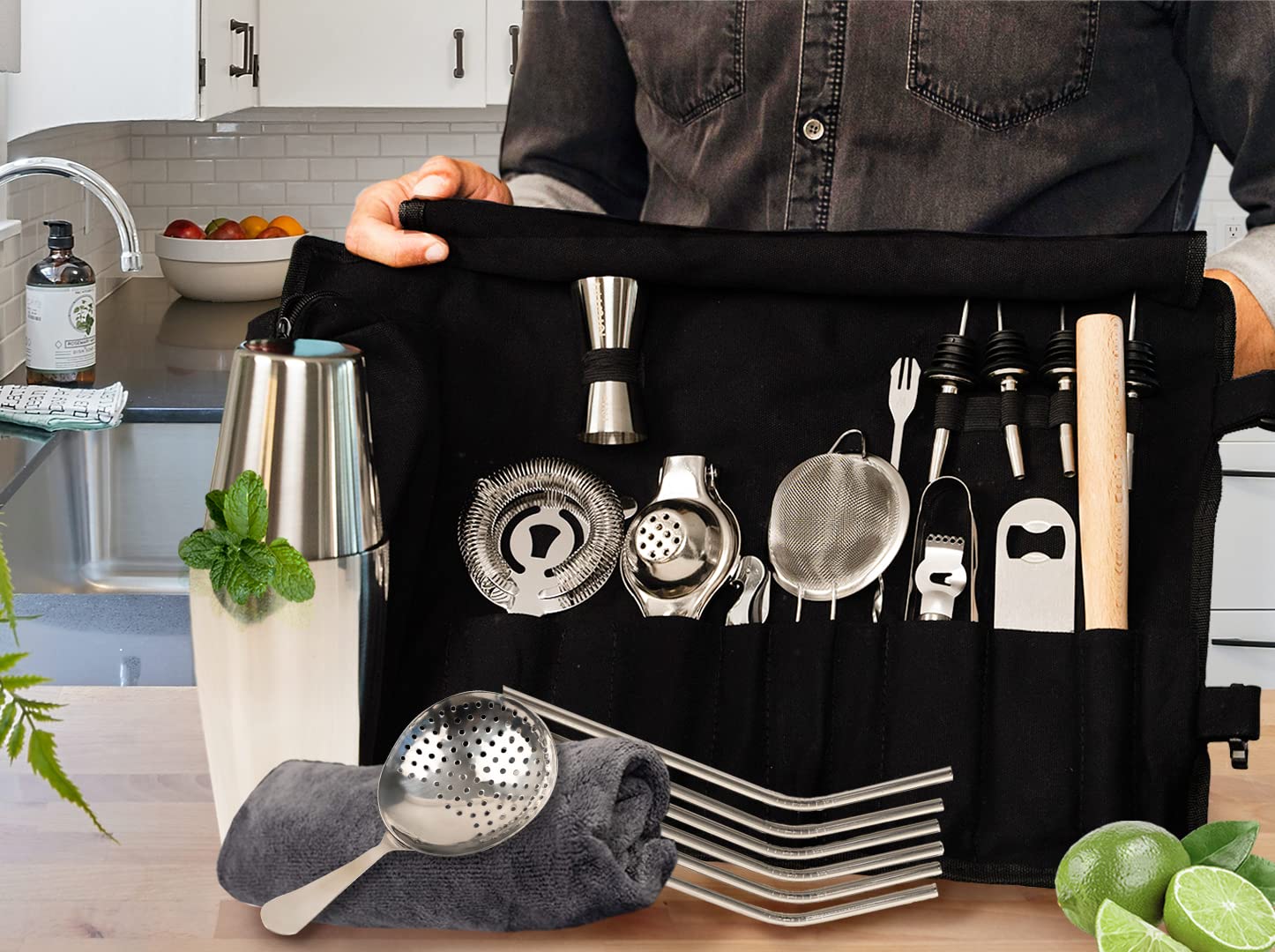 Professional Bartender Kit and Cocktail Shaker 27 Piece Kit - Bar Accessories - Mixology Bartender Kit, Barware Kit Including Wooden Muddler, Jigger, Strainers and Martini Tool, Canvas Carrying Bag