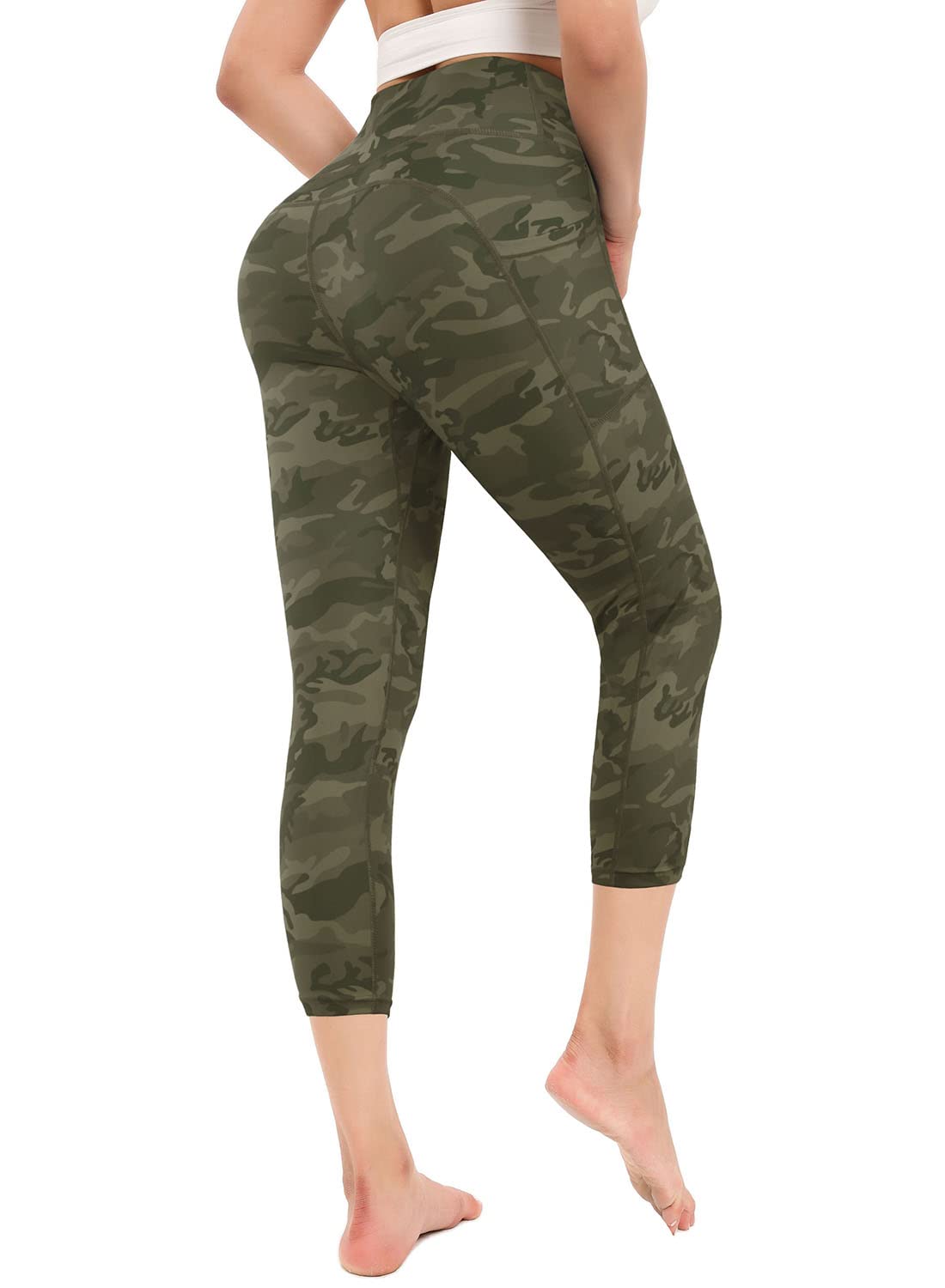 SELINK Women Thick Yoga Pants Capri High Waist Tummy Control Workout Leggings with Pockets Non See Through Running Capris L Green