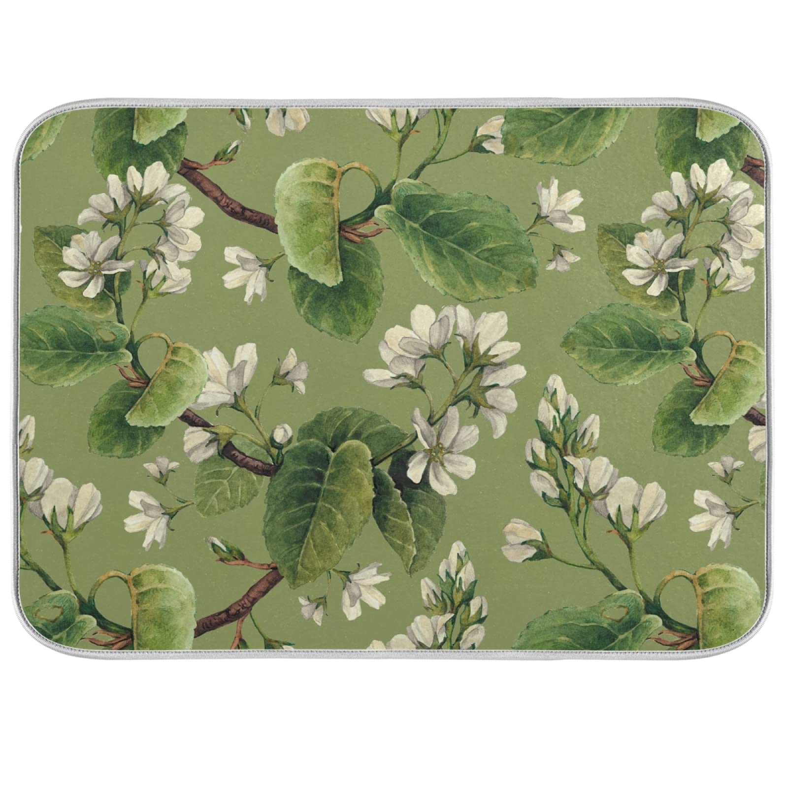 Vintage White Floral Green Leaves Microfiber Dish Drying Mat 18'' x 24'' for Kitchen Counter Drying Pad Dish Drainer Mats Absorbent Dish Draining Mat Extra Large