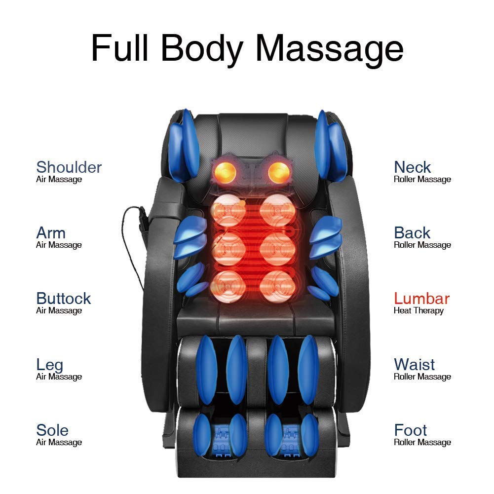 Max Relax Full Body Massage Chair,Zero Gravity Shiatsu Recliner with Air Bags,Back Heater,Foot Roller and Blue-Tooth Speaker,Black