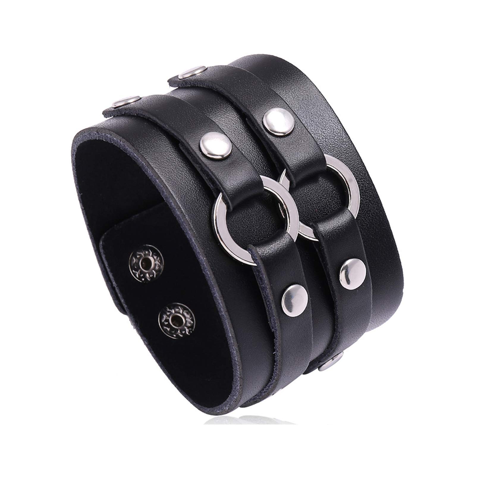 Nsitbbuery Hip Hop Alloy Cuff Wristband Wide Leather Bracelet(Black)