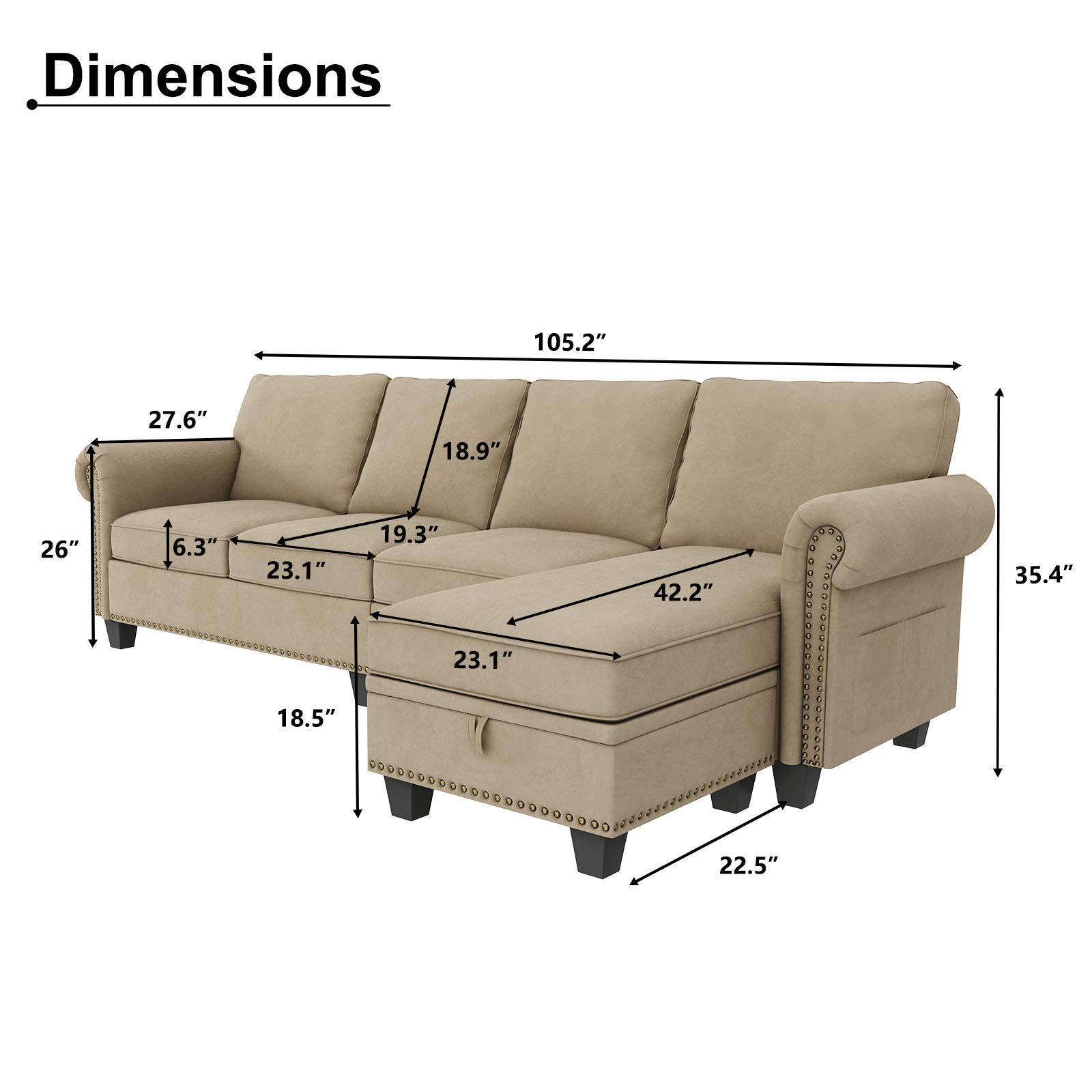 Nolany Convertible Sectional Sofa Couch, L Shaped Sectional Sofa, Reversible Sectional Couch for Small Apartment, Dark Khaki