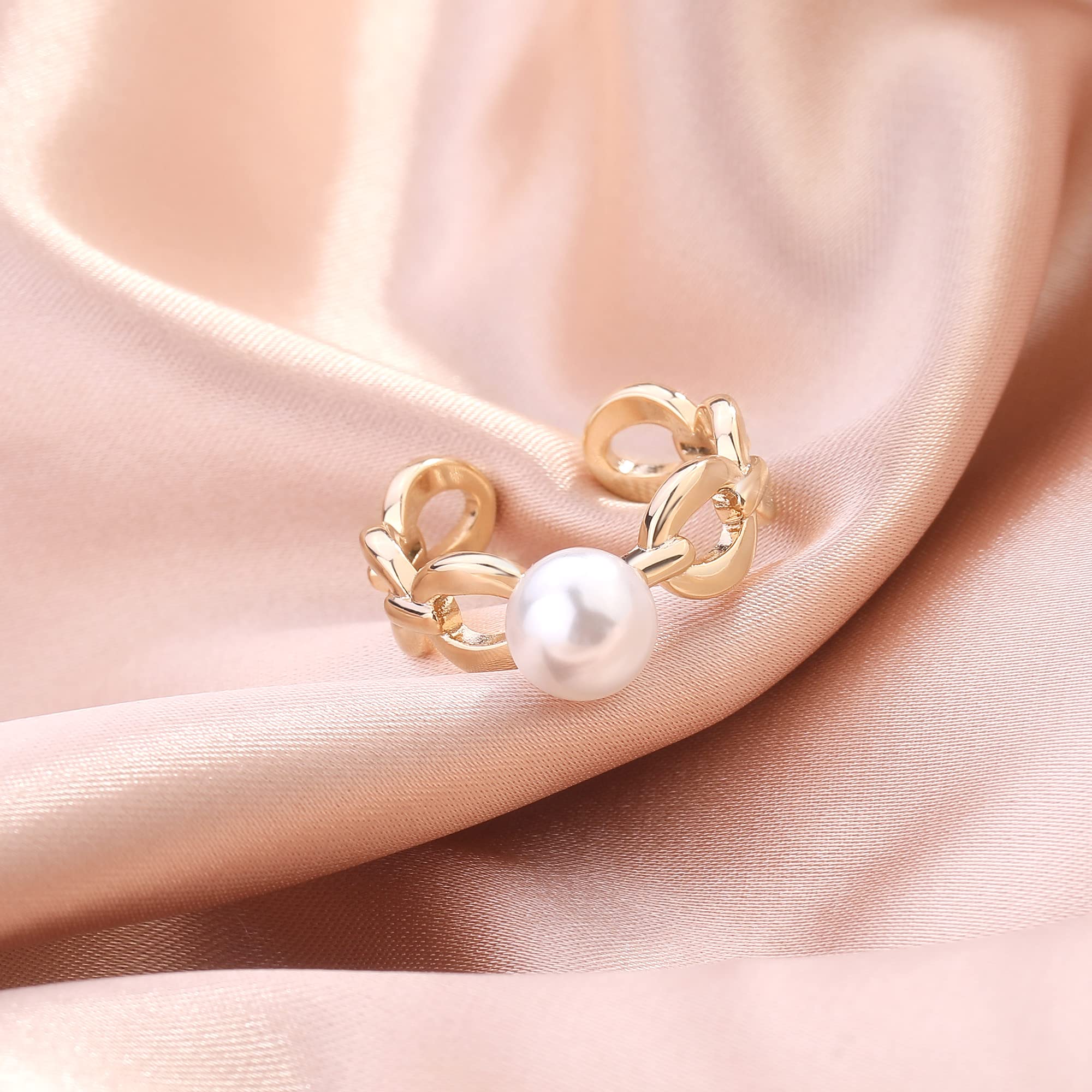 papasgix Pearl Ring for Women, 14K Gold Plated Stackable Open Ring Adjustable Ring Aesthetic Handmade Statement Gold Ring