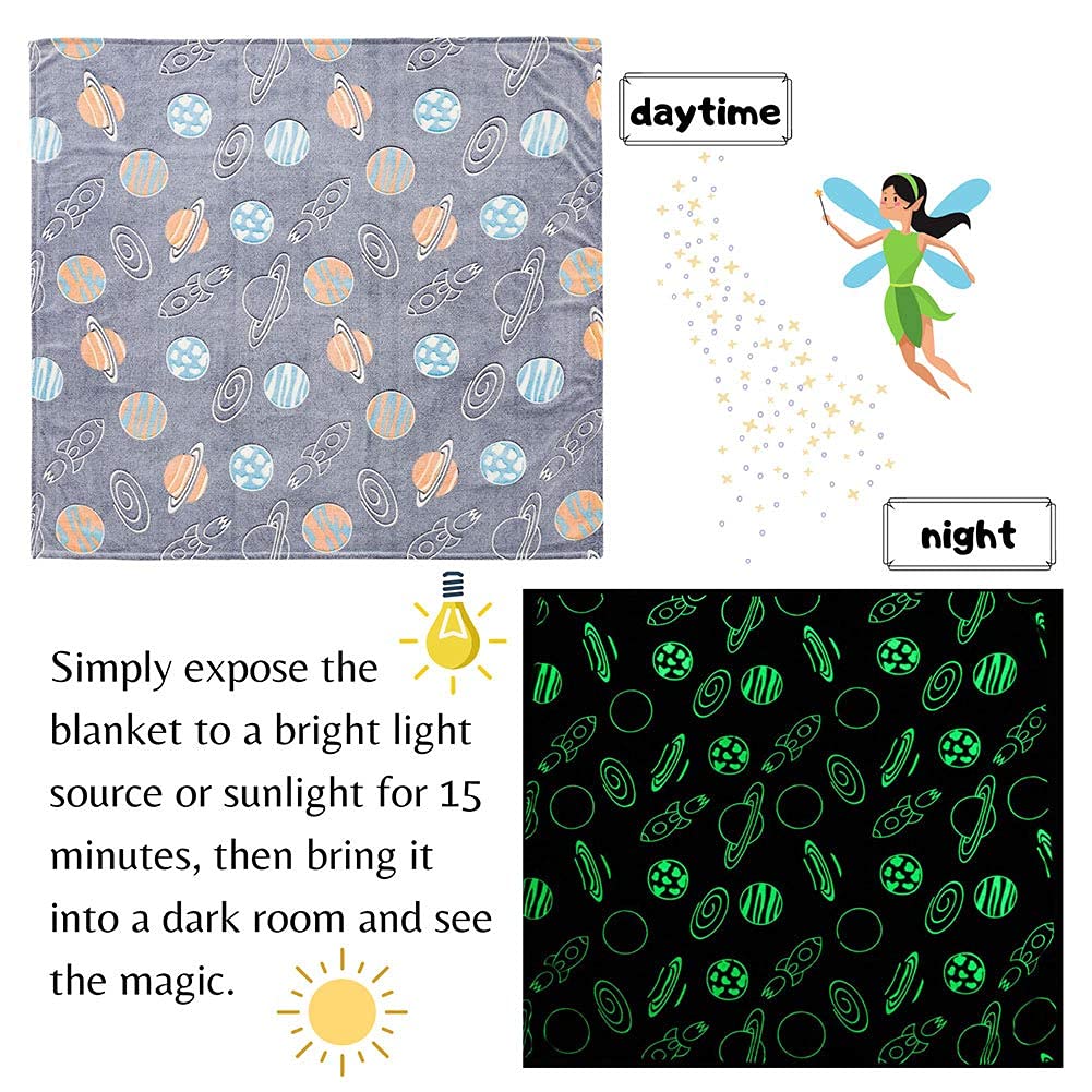 MeMoreCool Space Planet Glow in The Dark Throw Blanket - Soft Flannel Blanket for Kids and Adults, Decorative Luminous Throw for Bed Sofa Couch Car, Birthday, 50x60 Inches