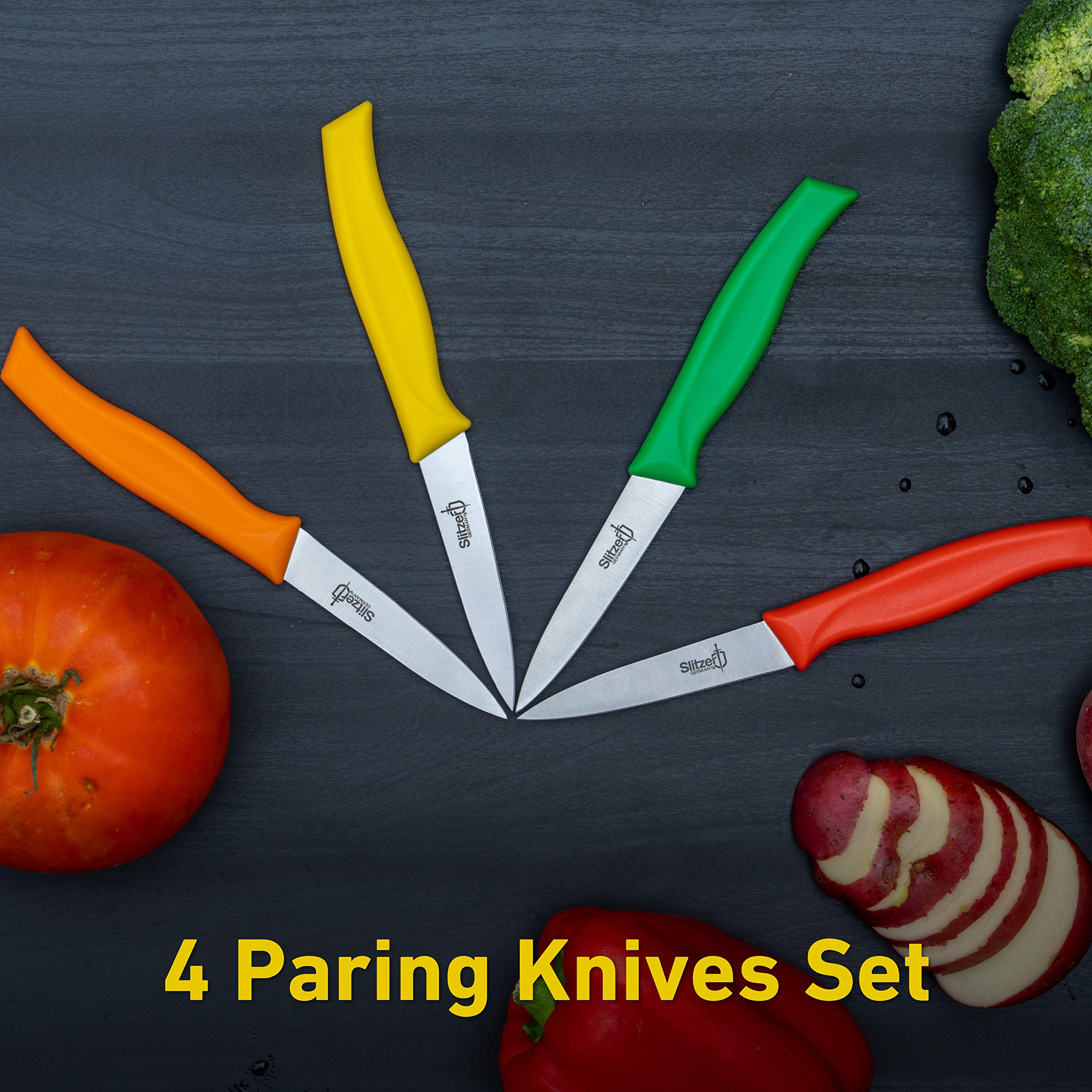 Slitzer Germany 4-Piece Paring Knife Set, 3 1/2 Inch Blade, German Stainless Steel, Colored Handles, Red, Yellow, Green, Orange
