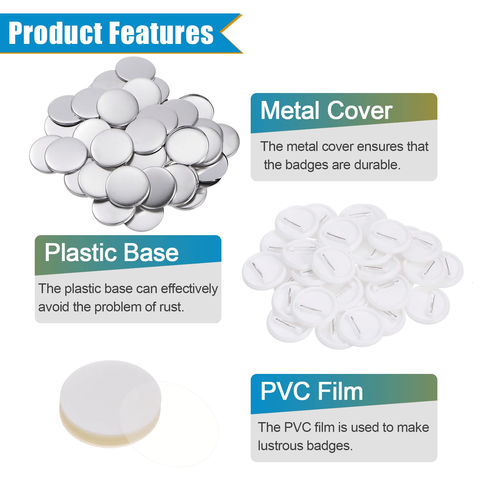 MECCANIXITY Blank Pin Back Button Parts, 32mm 1.26 Inch, 500 Set Sewing Buttons Round Metal Cover Plastic Button Back Clear Film for Button Maker Machine