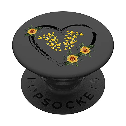Yellow Butterflies With Sunflower Heart On Gray Background PopSockets Swappable PopGrip