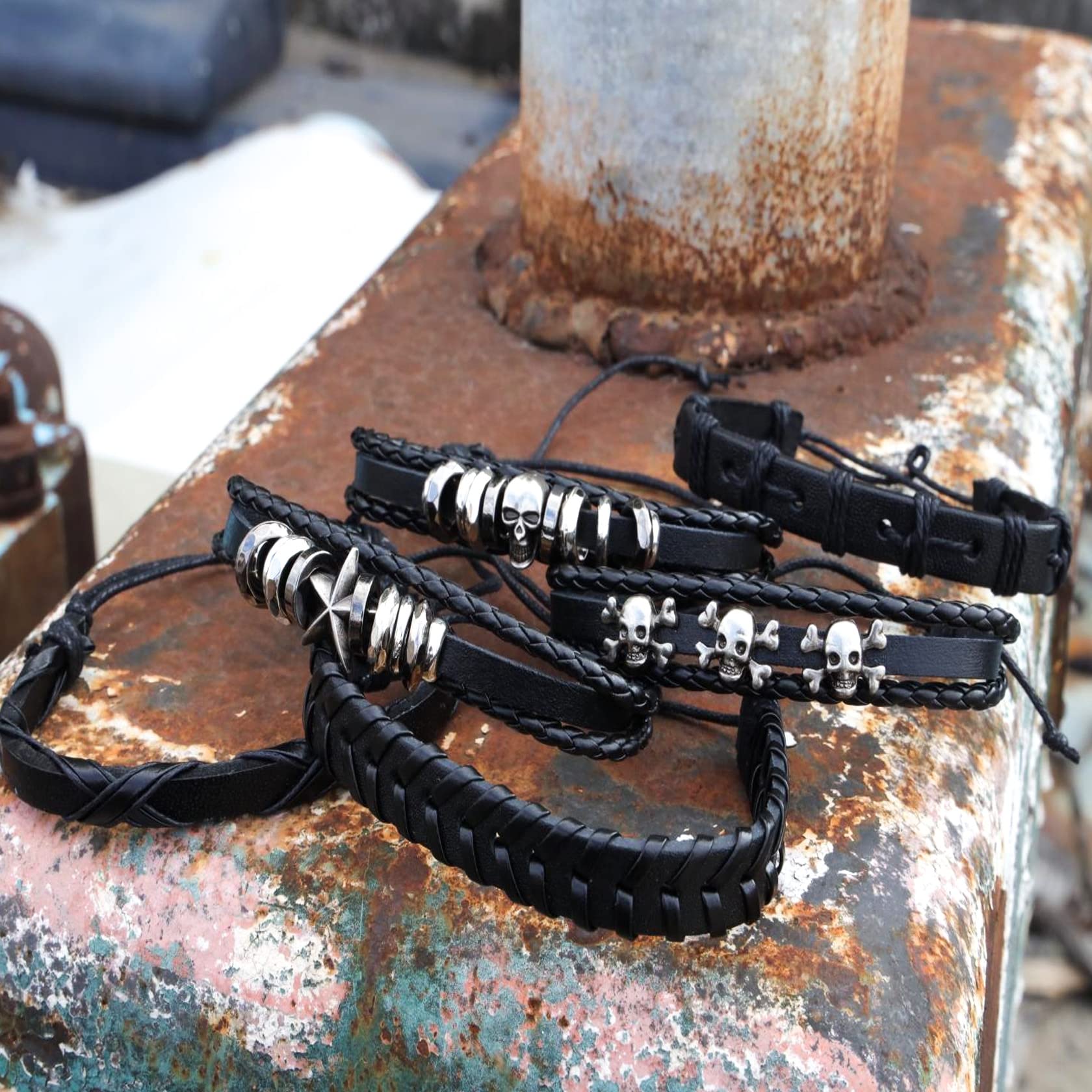Manfnee6Pcs Braided Leather Bracelet for Men Women Punk Cuff Wrap Bangle Bracelets Adjustable Black