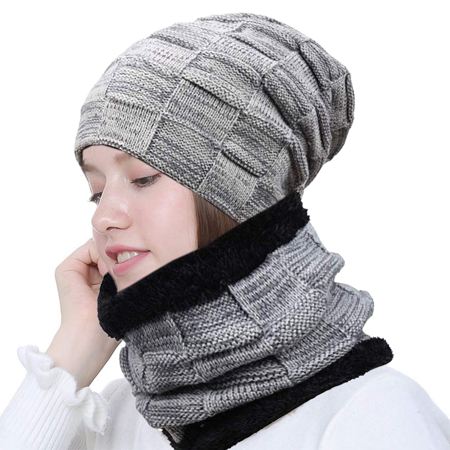 Newsfana Winter Beanie hat, Warm Knit Hat Scarf Set Thick Fleece Lined Winter Hat Skull Cap for Men Women (Gray)