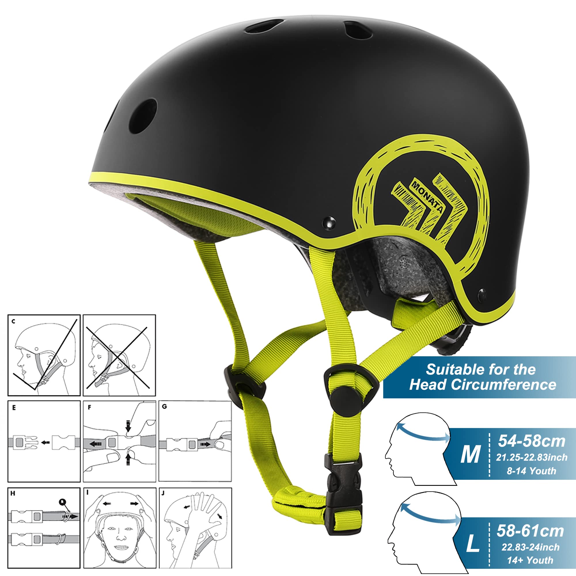 MONATA Skateboard Bike Helmet, Skate Scooter Helmet for Youth Adults Teens, Multisport Roller Skating Skateboarding Cycling Scooter Longboarding Rollerblading