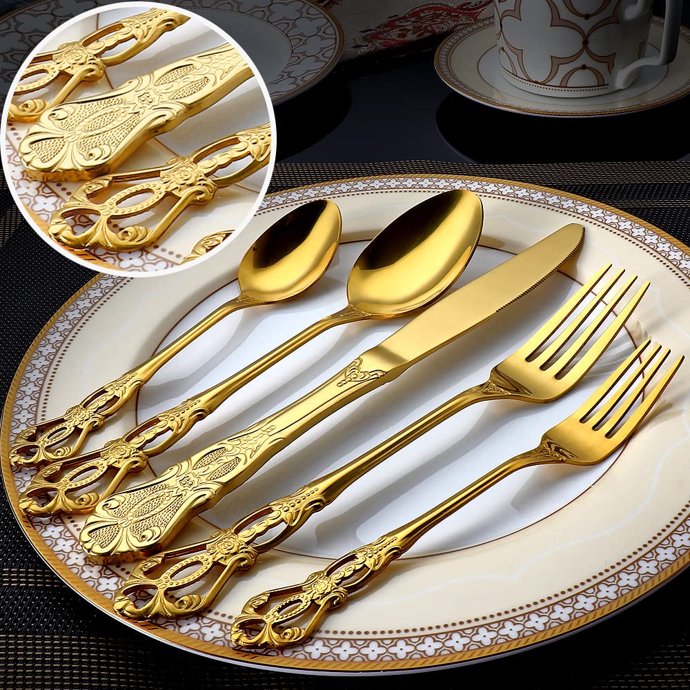 Retro Royal 20 Pieces Stainless Steel Silverware Set,Anti-rust Flatware Cutlery Set for 4,Luxury Kitchen Utensil Tableware Set Include Fork Spoon Knife,Mirror Polished Dishwasher Safe,Gold