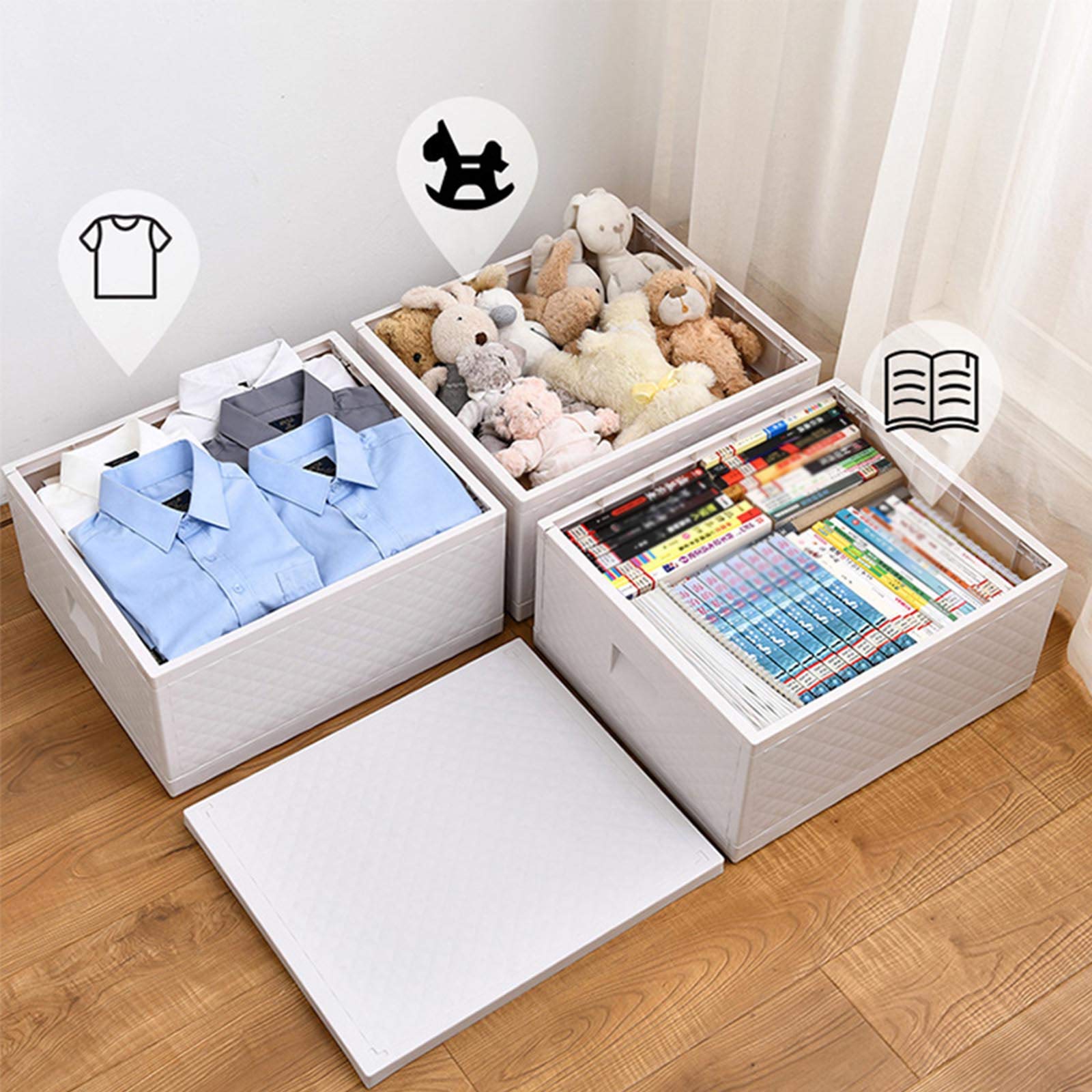 Micro Traders Collapsible Storage Bins with Lids Plastic Storage Boxes for Toy Media Sundry Vehicle Living Room Wardrobes Closets Storage (7.7x11.8x8.7inch) - Beige