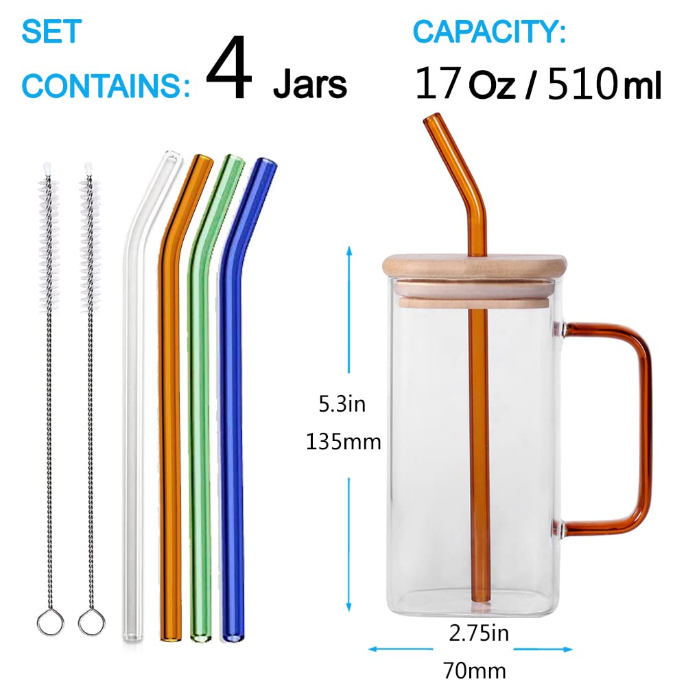 SAIOOL Glass Cups Set 4 Pack - 17oz Wide Mouth Mason Jar Drinking Glasses with Bamboo Lids & Straws and Square Color Handle Cup ,Beer, Iced Coffee, Ideal for Cocktail, Whiskey, Gift