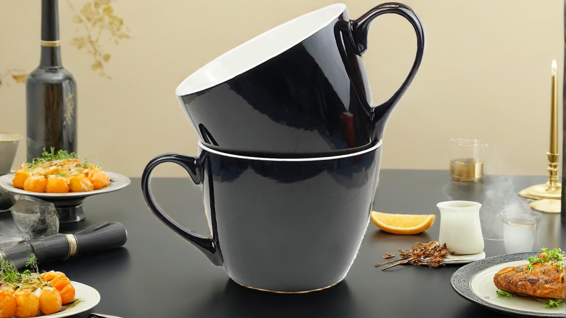 MECOWON 30 OZ Porcelain Coffee Mugs, Set of 2 Large Mugs for Soup, Cereal and Salad (black)