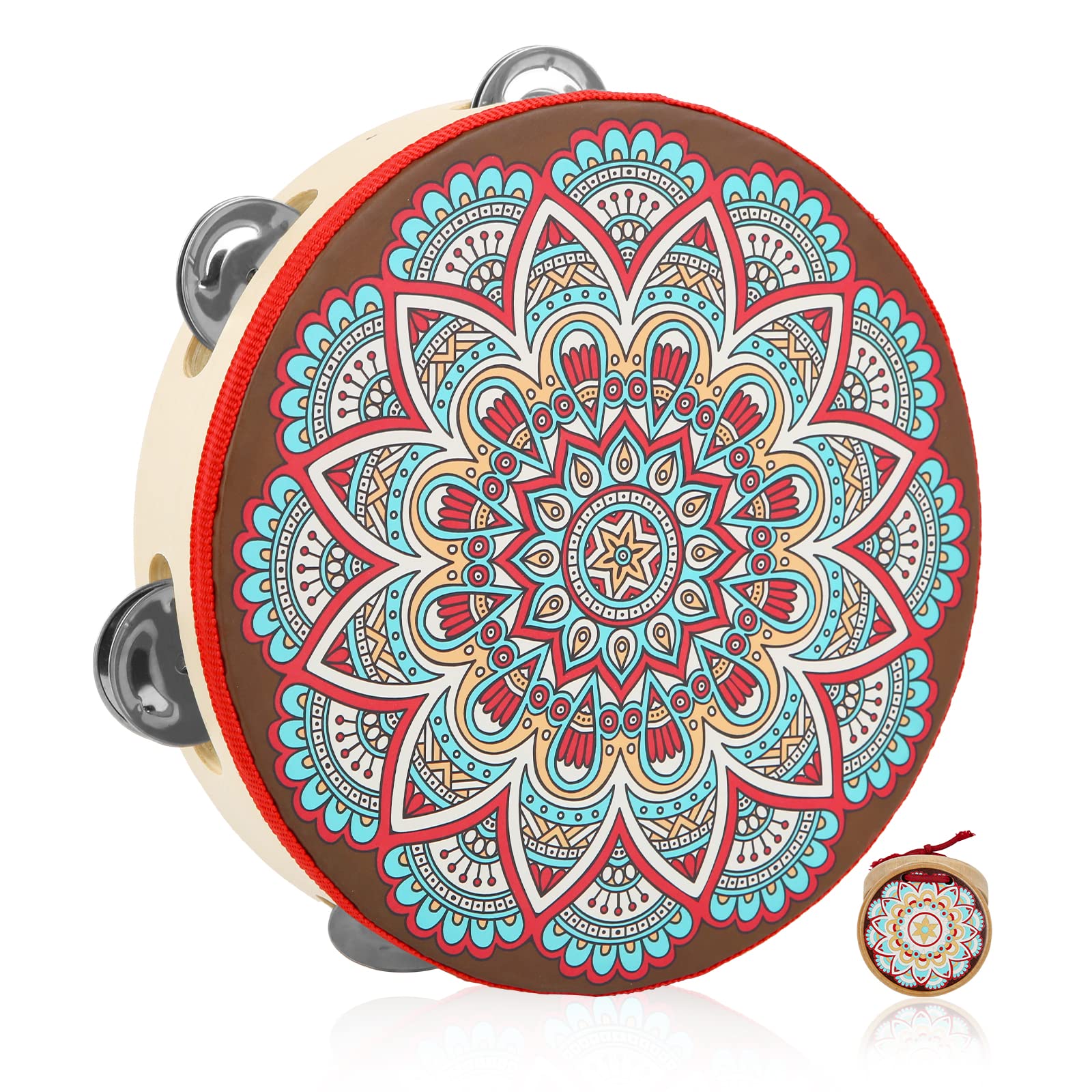 Tambourine Hand Held Drum 8 inch Tamborine Tambourine Musical Instrument for Kids Adults Metal Jingles Percussion Gift Apply to Family KTV Party,Giving Castanet *1
