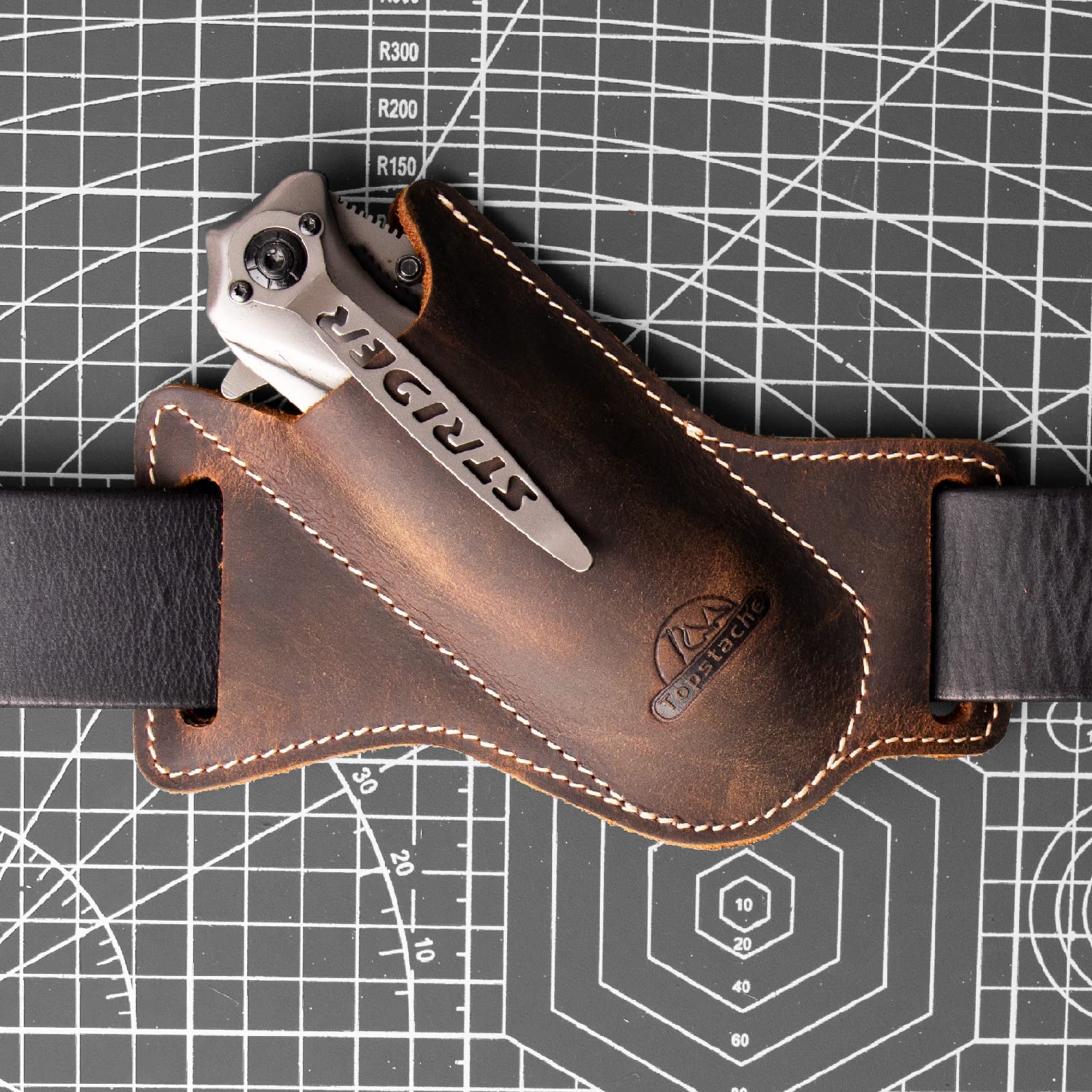 Topstache Handmade Leather Pocket Knife Sheath for Belt,EDC Belt Folding Man,Cross Draw Left Side Carry Open Top 5 inch Knife,DarkBrown