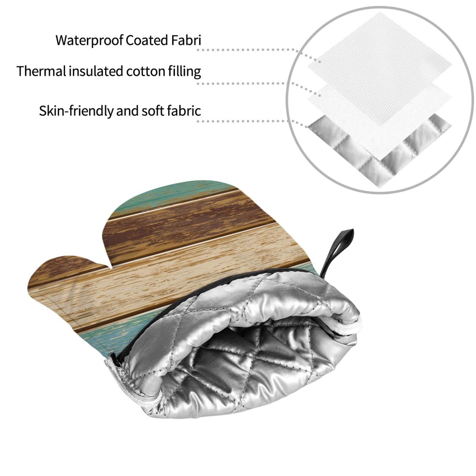 Retro Rustic Barn Wood Oven Mitts and Pot Holders Sets Set of 4,Resistant Hot Pads Non-Slip Cotton Lining Gloves for Kitchen Baking Cooking Grilling