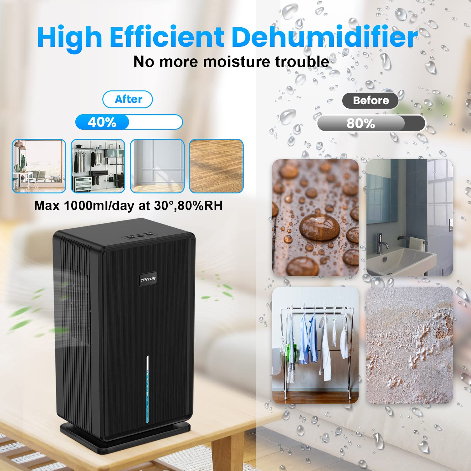 Terrug 550 Sq.Ft 106oz Dehumidifier 3000ml Portable Ultra-Quiet Effective Dehumidifiers with Auto-Off, Basement, Cabinet and Bathroom (Black)