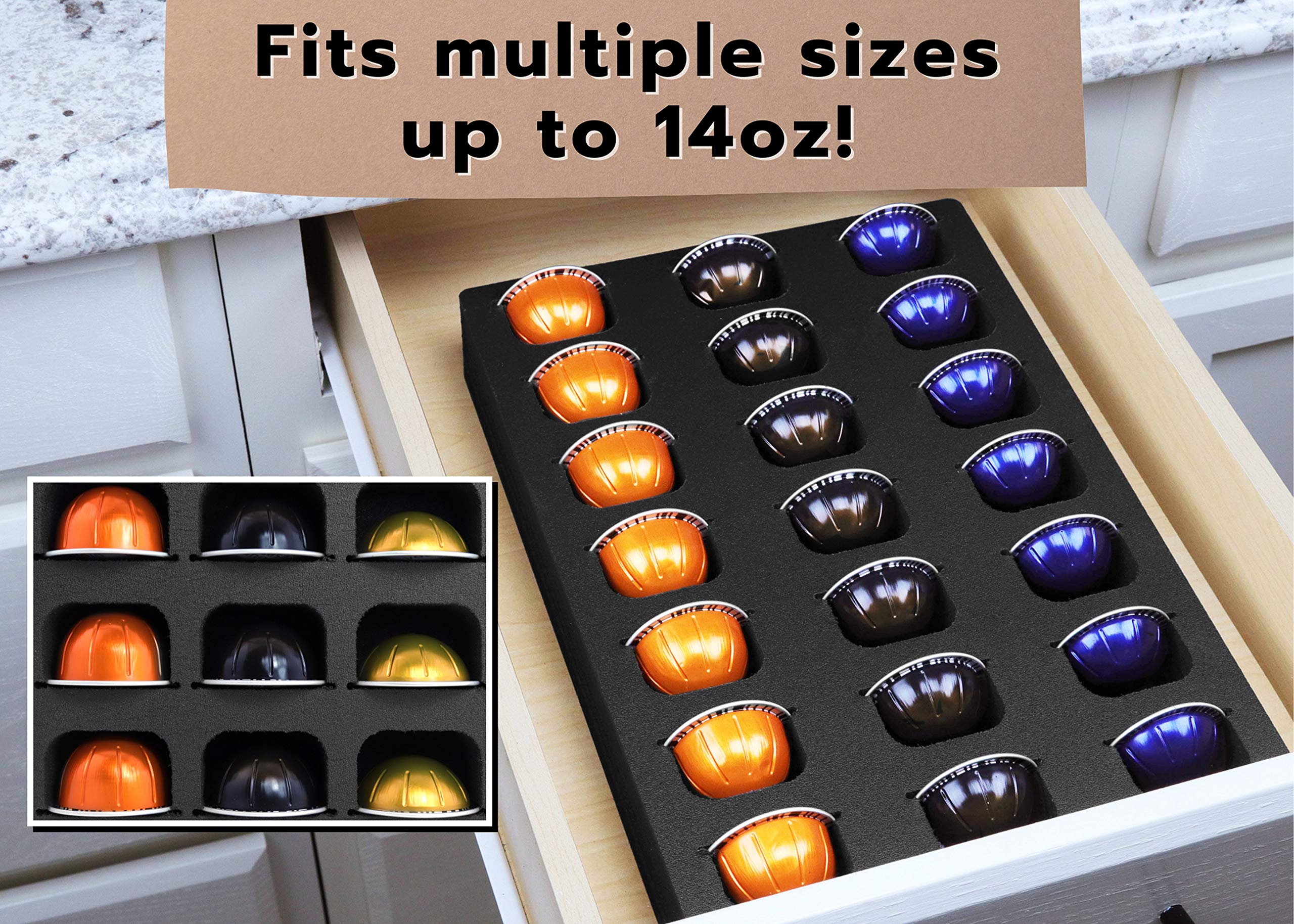 Polar Whale 2 Coffee Espresso Capsule Drawer Organizer Tray Inserts Compatible with Nespresso Vertuo VertuoLine Kitchen Home Office Waterproof Washable Black Foam 21 Compartment 10.9 x 14.9 Inches