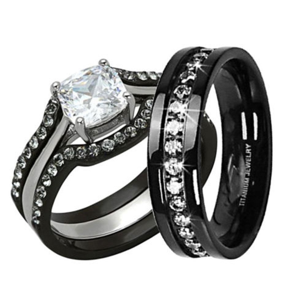 Marimor Jewelry His and Hers 4 Piece Black Stainless Steel and Titanium Wedding Engagement Ring Band Set Size Women's 10 Men's 10