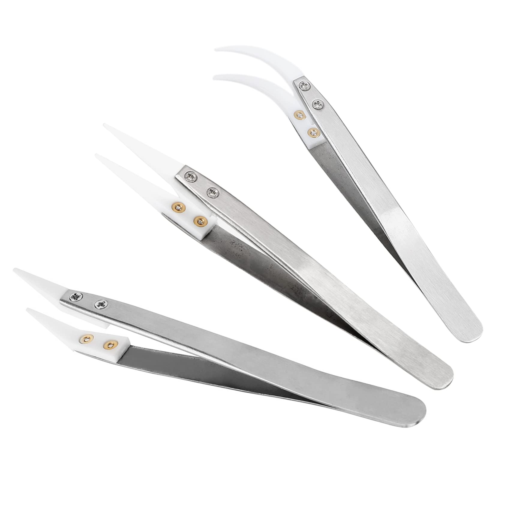 Muye 3Pcs Silver Ceramic Tweezers Non-Conductive Heat Resistant Tweezers Straight, Small Curved, Large Curved Tip Anti-Static Electronic Tweezers for Precision Parts