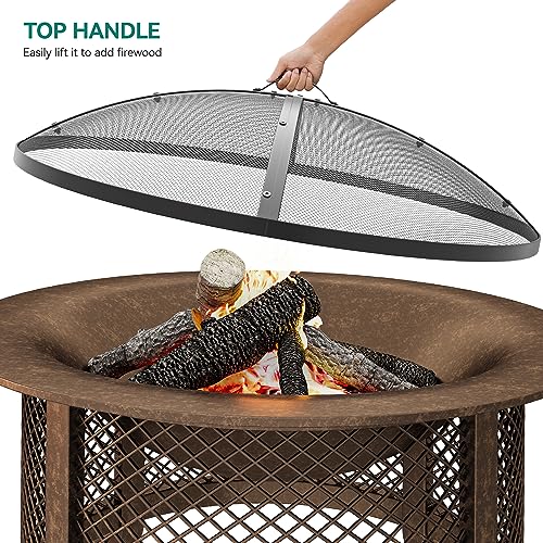 YITAHOME Heavy-Duty Fire Pit Spark Screen with Handle and Poker, Metal Fire Pit Cover for 36-Inch Round Outdoor Fire Pits