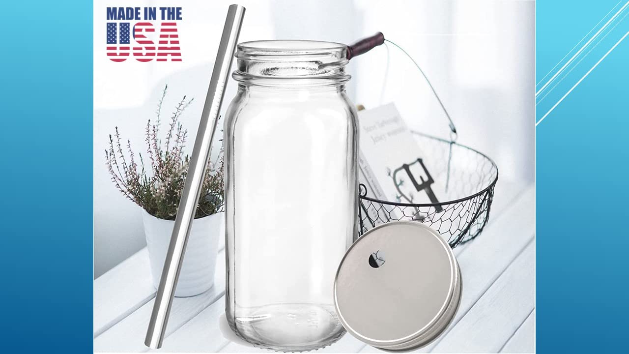 Reusable Boba Bubble Smoothie Cup Regular Mouth 24 oz Glass Mason Jar with Wide STAINLESS STEEL Straws Boba Cup and Lid and Straw-Drinking Lid- 100% ECO FRIENDLY by Jarming Collections