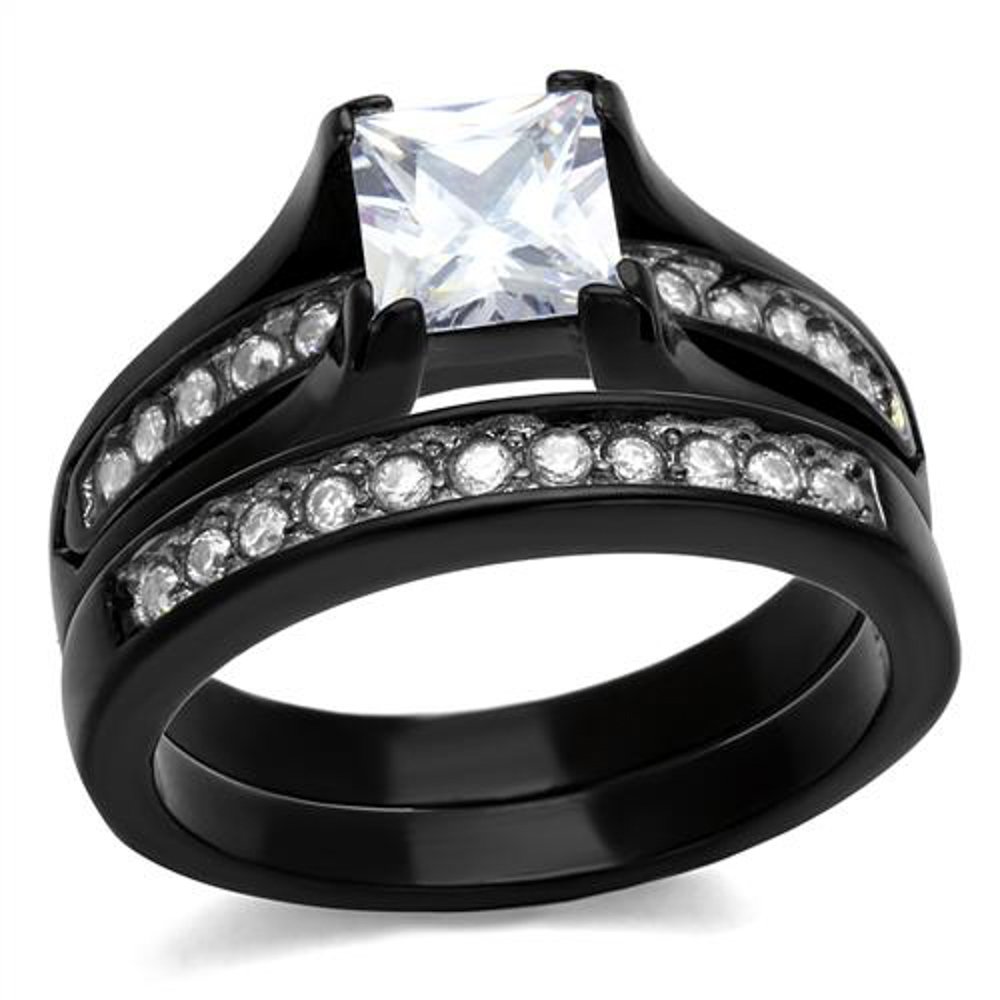 Marimor Jewelry His and Her Black Plated Stainless Steel Bridal Ring Set and Titanium Wedding Band Women's Size 06 Men's Size 08