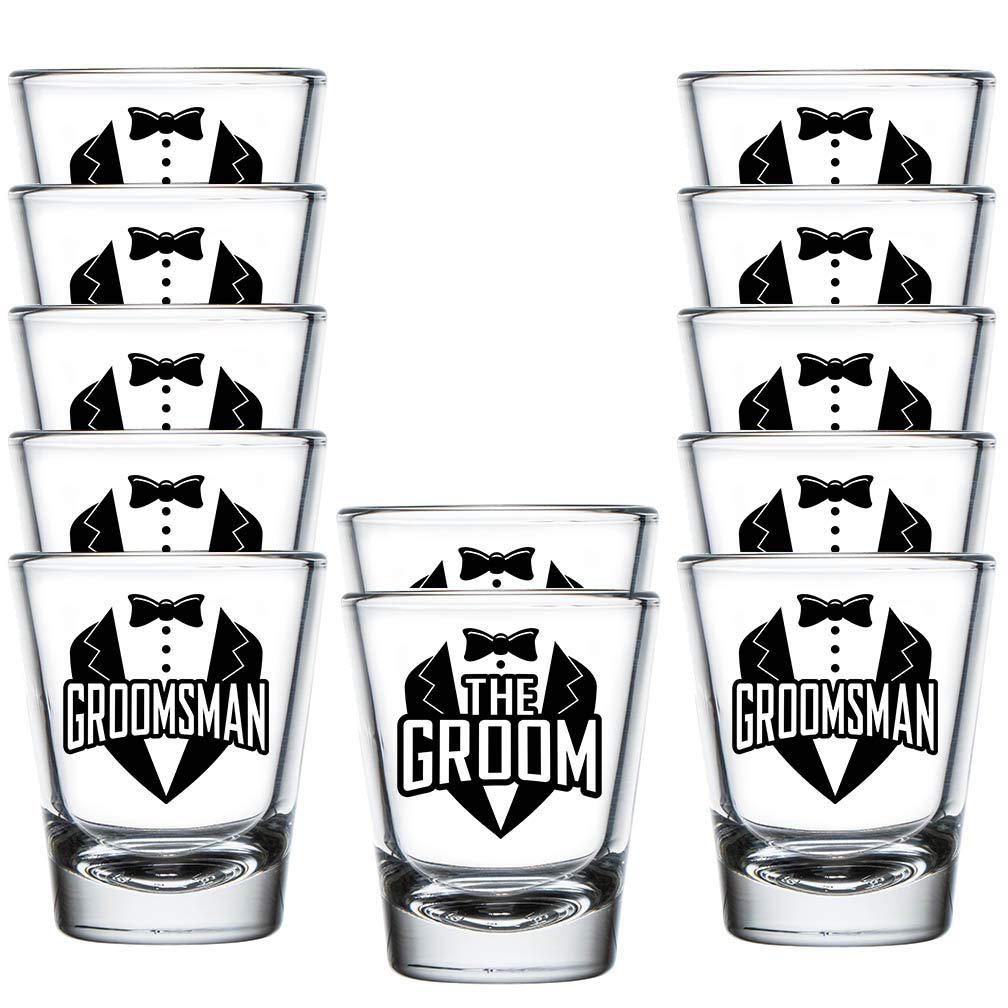shop4ever The Groom and Groomsman Tuxedo Glass Shot Glasses Wedding Bachelor Party Shot Glasses (12 Pk, Groomsman Tux)
