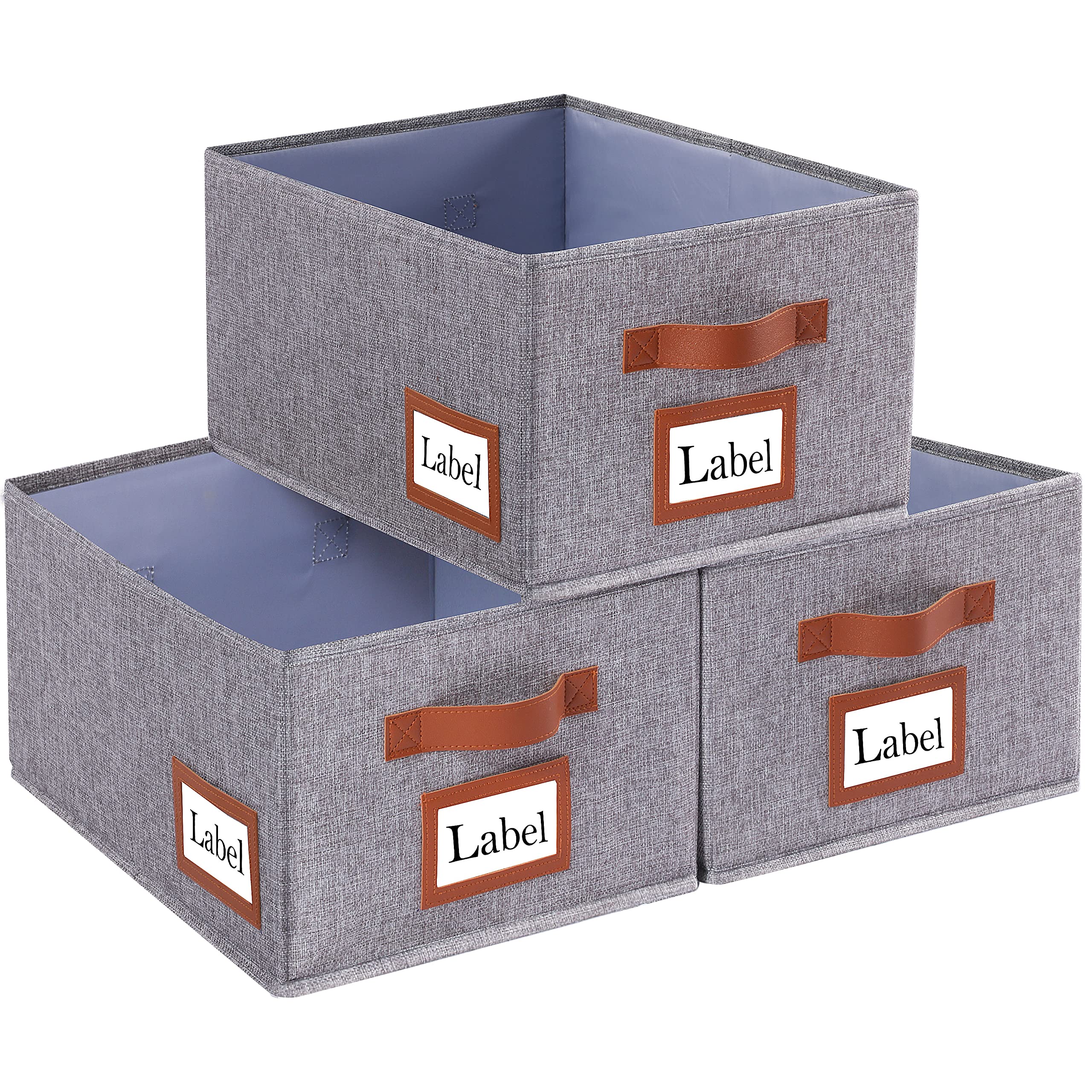 OUTBROS Large Foldable Storage Bins for Shelves, 15.7*11.8*7.9inch Fabric Storage Baskets Cubes Organizer Containers with Leather Handles for Closet Office, (Gray, Large, 3-Pack)