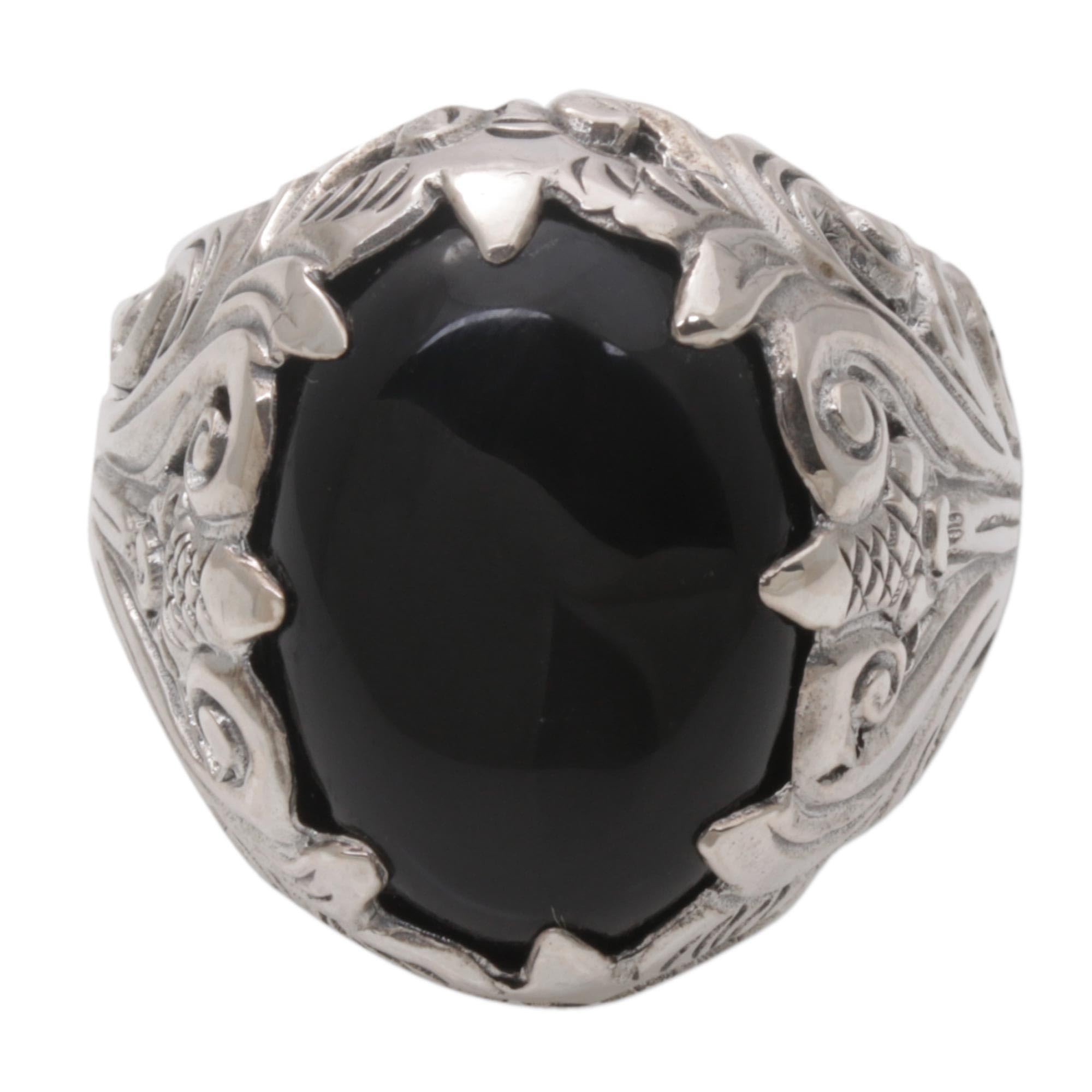 NOVICA Artisan Handcrafted .925 Sterling Silver Onyx Cocktail Ring from Bali Black Indonesia Birthstone 'Dark Forest'