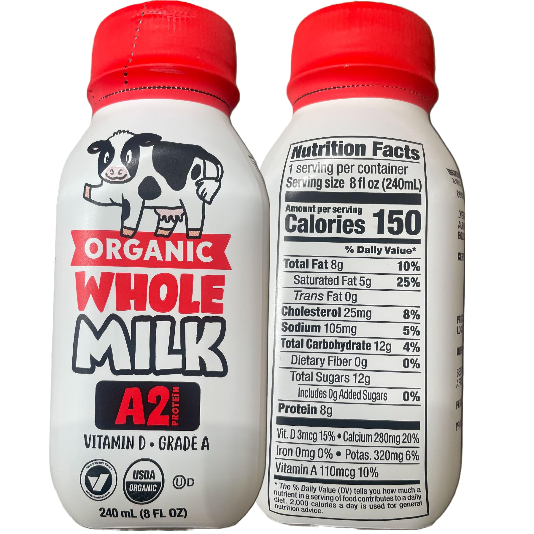 Milk A2 Whole Milk Organic Shelf Stable Whole Milk Bottle, Grass Fed Milk has Vitamin D & A2 Protein, Plus BETRULIGHT Fridge Decal - Single Serve, 8.0 Fl oz (Pack of 6)