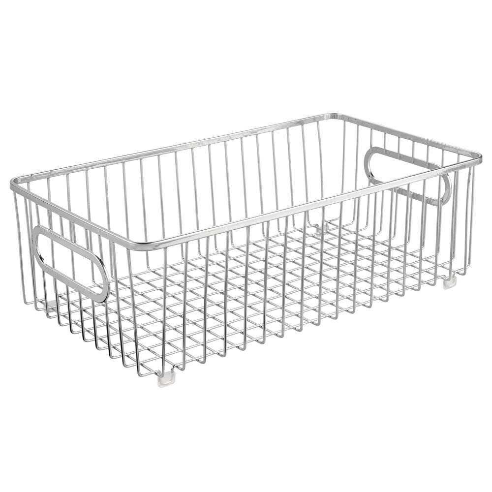 mDesign Decorative Metal Drawer Organizer Tray, Storage Organizer Bin Basket with Handles, for Closets, Bedrooms, Entryways, Mudrooms, Kitchens, Pantry, Bathrooms - 8" Wide, 2 Pack - Chrome