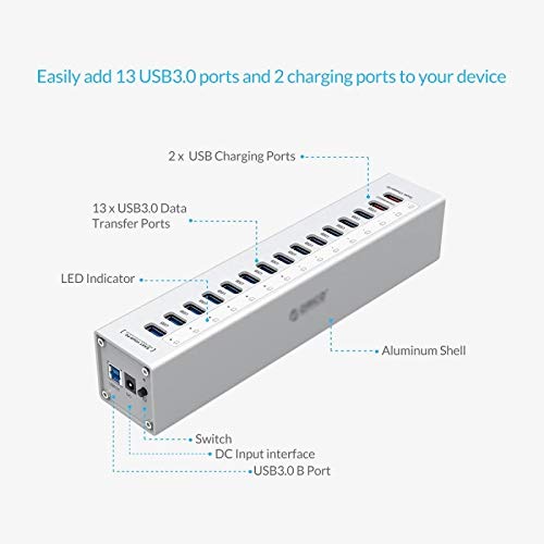 XXXDXDP Aluminum 13 Port Multi USB3.0 HUB Splitter with 12V/5A Independent Power Supply 2 Charging Port