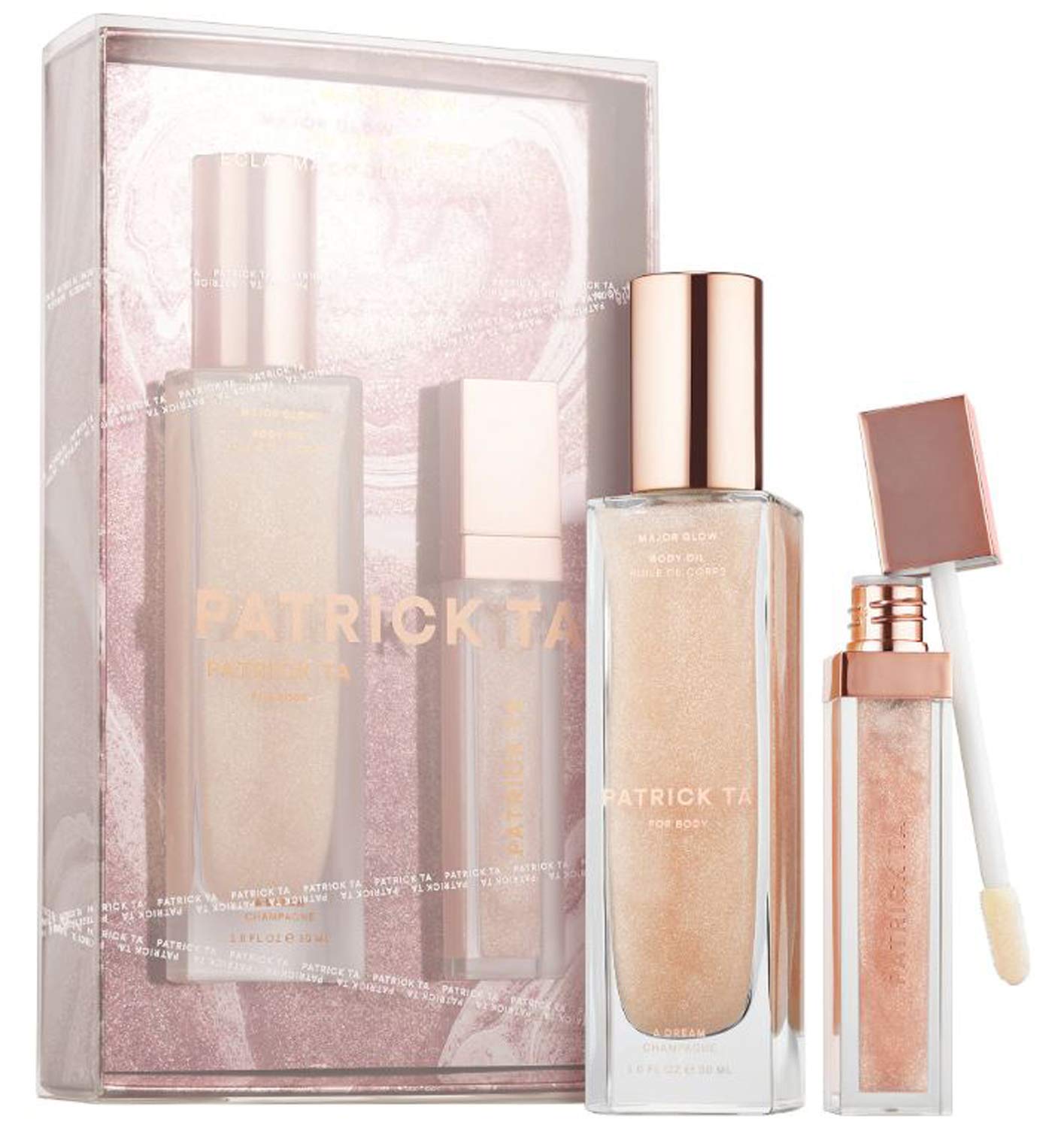 Patrick Ta Major Glow On The Go Kit! Body Oil And Lip Shine! High-Shine Oil Blend Lip Gloss! Shimmering, Nourishing, Multi-Dimensional Glow Body Oil! Parabens Free And Cruelty Free!