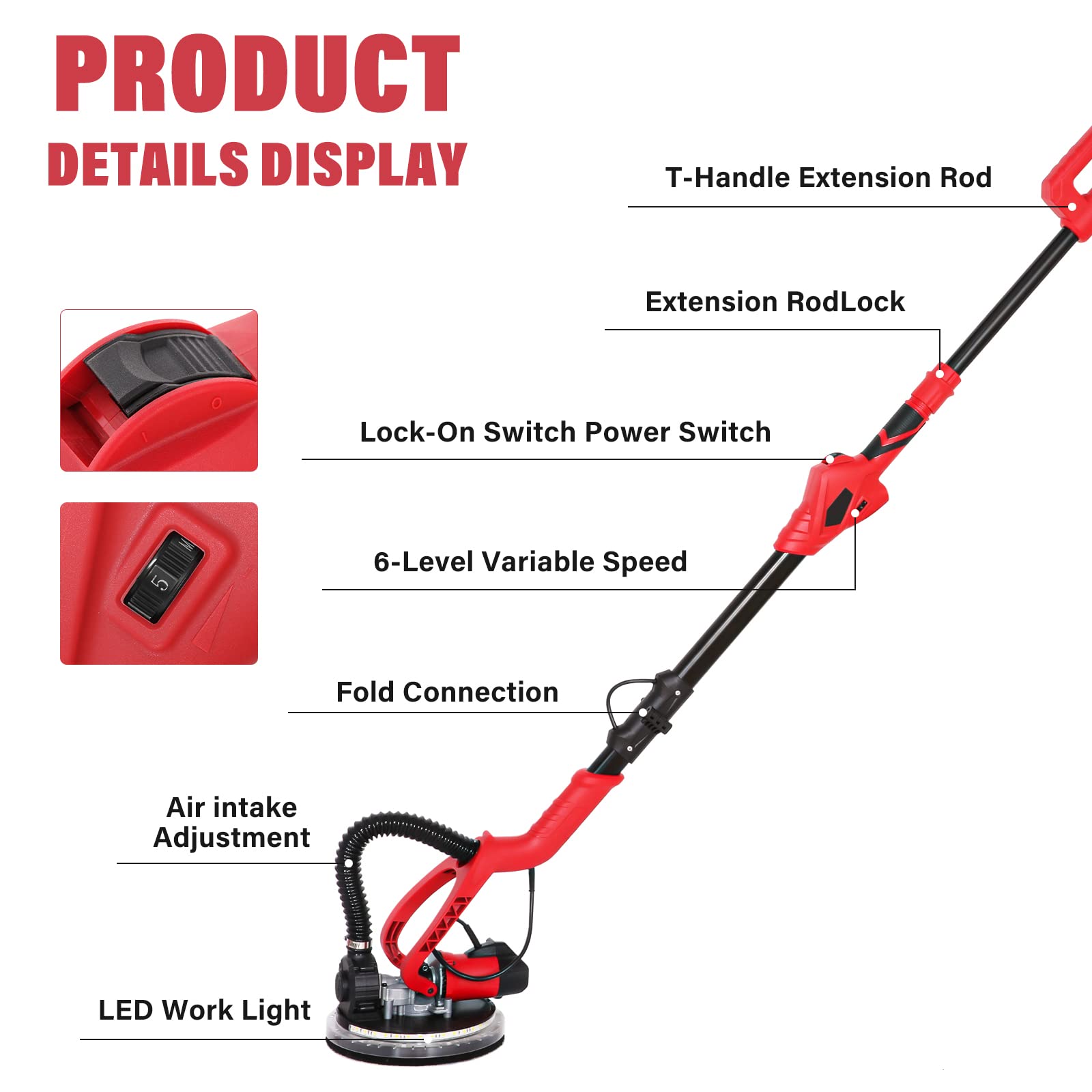 Vistreck Drywall Sander, 750W Electric Drywall Sander With Vacuum & 14Pcs Sanding Discs, 6 Variable Speeds 1000-1850RPM, Foldable has Dust Bag, LED Light, Power Disc Sanders With Carrying Bag