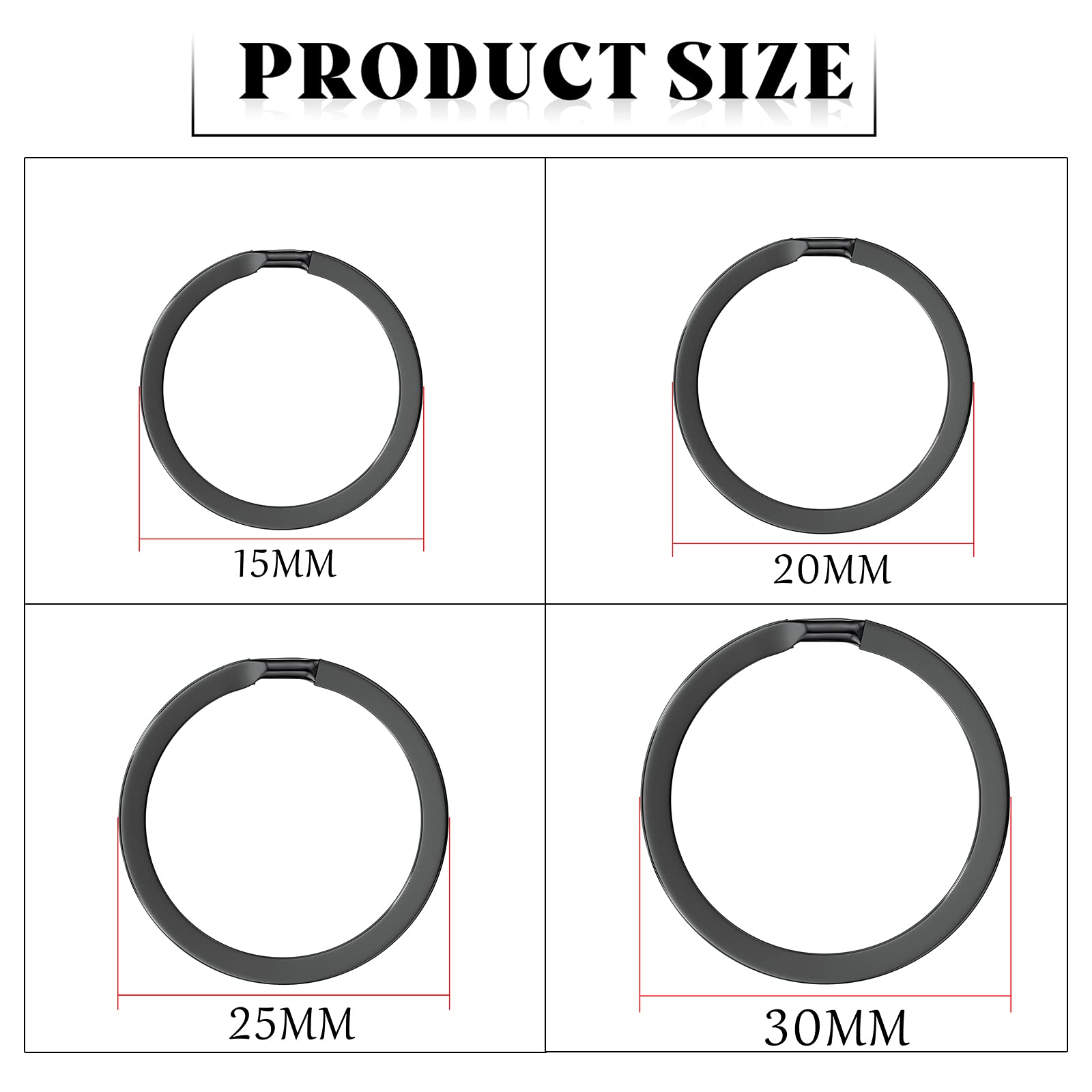 Ruesious Round Flat Key Ring (40 Pack)(15/20/25/30mm),Keyring Split Ring,Key Chain Ring Connectors,Electroplated Black Keychain,Keyring Loops