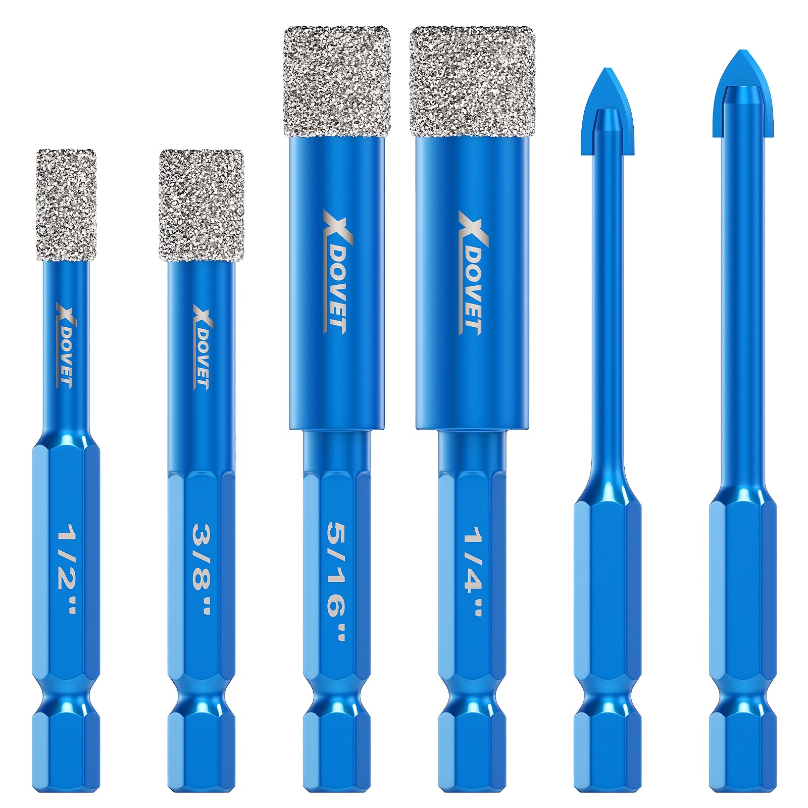 XDOVET Dry Diamond Drill Bit Sets Hex Shank 6Pcs 1/2" to 1/4" Core Drill Bits for Granite Marble Porcelain Glass Lenses Tile etc