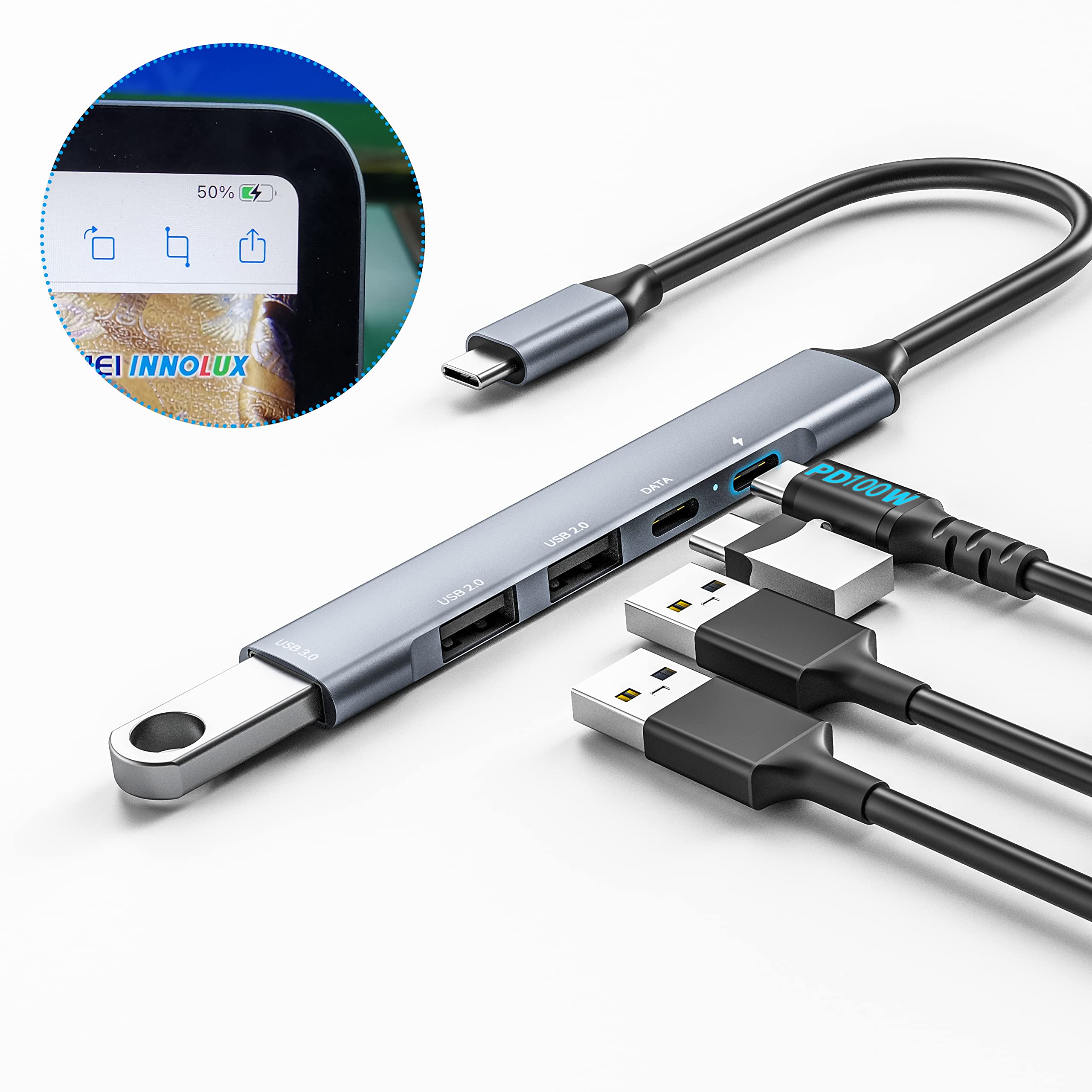 USB C HUB 5in1 Extender for Laptop with USB 3.0 2.0 and USB c 100w pd Data Ultra-Slim hub for PS4 PS5 MacBook / iPad and More, Grey