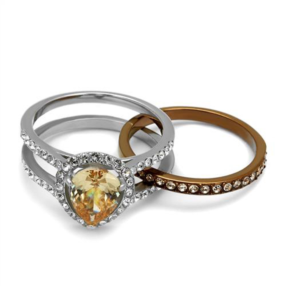 Marimor Jewelry 2.08 Carat Pear Cut Champagne Zirconia Two Toned Stainless Steel Wedding Ring Set Size 6