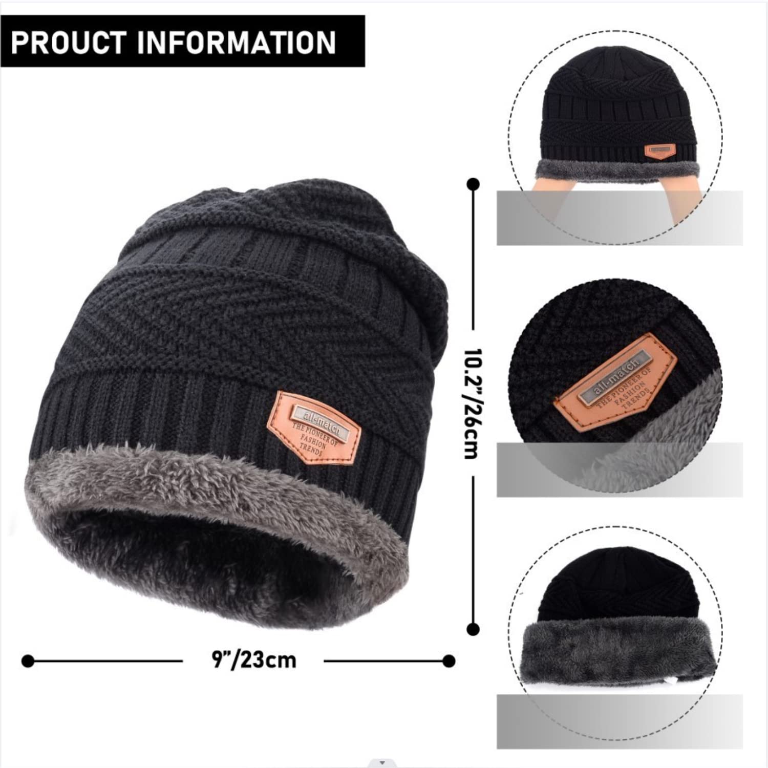 MAYLISACC Winter Cable Knit Hat Fleeced and Touch Screen Gloves 2 Pcs Set for Men and Women Gift Black