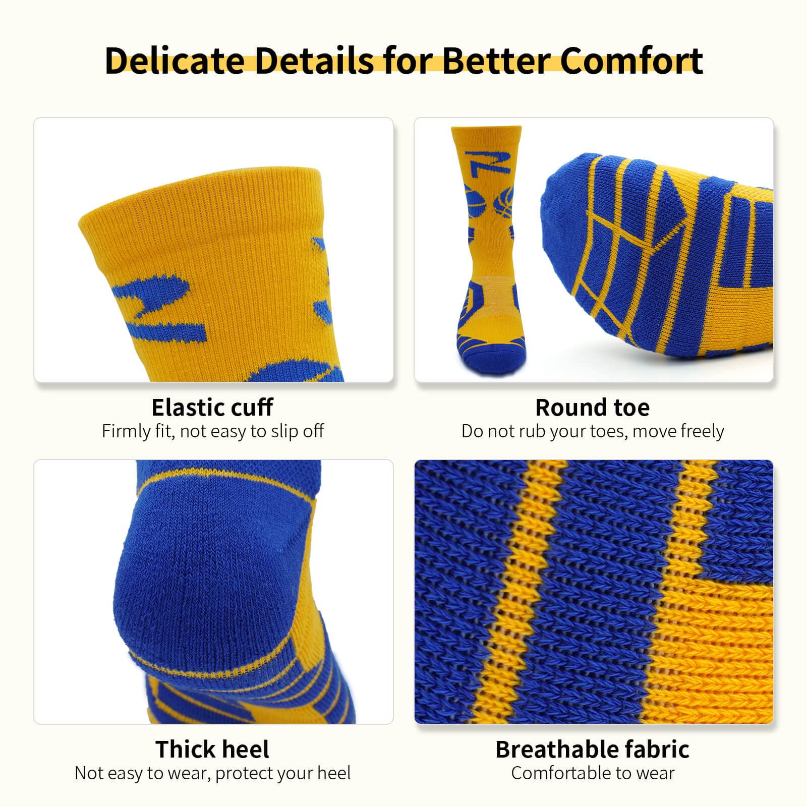 Ruinlong Elite Basketball Socks, 3 Pack Athletic Socks Thick Compression Sports Socks for Men & Women(Yellow/White/Purple)