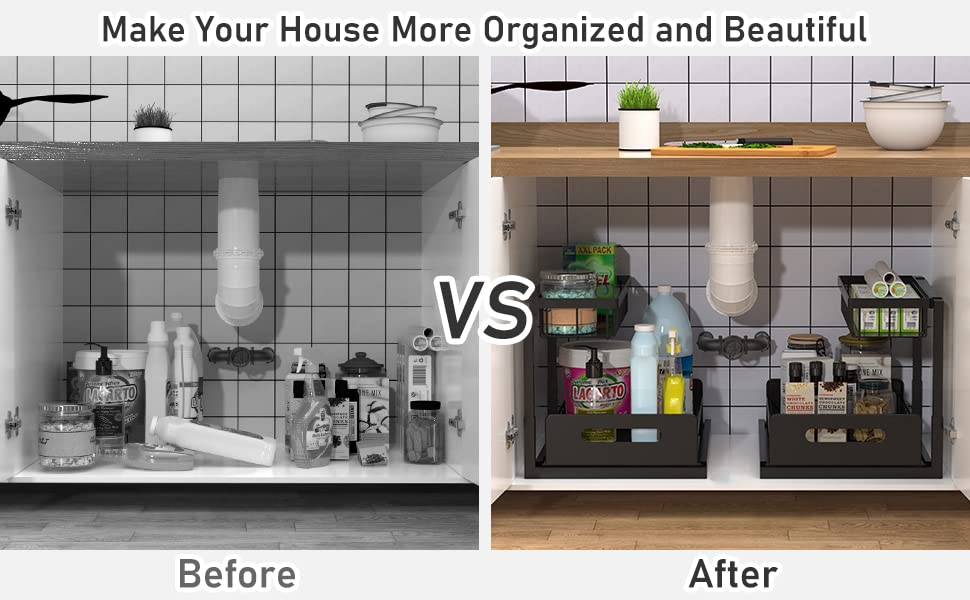 Meegoo Under Sink Organizer, 2 Tier Pull Out Cabinet Organizer, Heavy Duty Metal Shelf Cabinet Storage Shelves for Kitchen Bathroom Organization Multi-Use (Black)