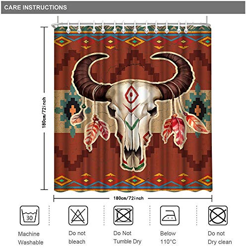 LoveHouse Boho Pattern Shower Curtain Watercolor Cow Skull with Feather Bohemian Western Ethnic Bull Bathroom Shower Curtains Set with Hooks 72"x72" Machine Washable