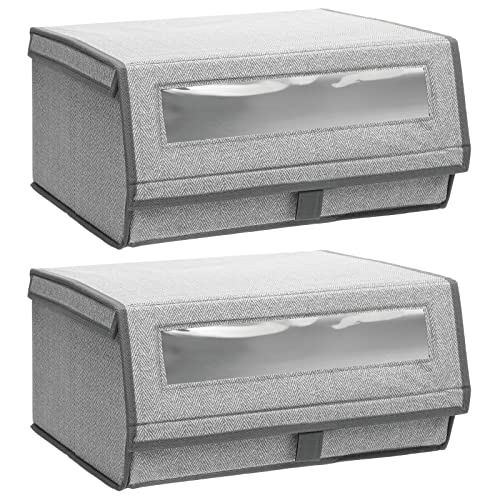 mDesign Large Fabric Closet Shoe Storage Box w/Clear Window - Shoe, Sandal, Sweater, Linen, Clothes Organizer - Boot Storage Solutions - Shoe Bin - Lido Collection, 2 Pack, Gray Herringbone