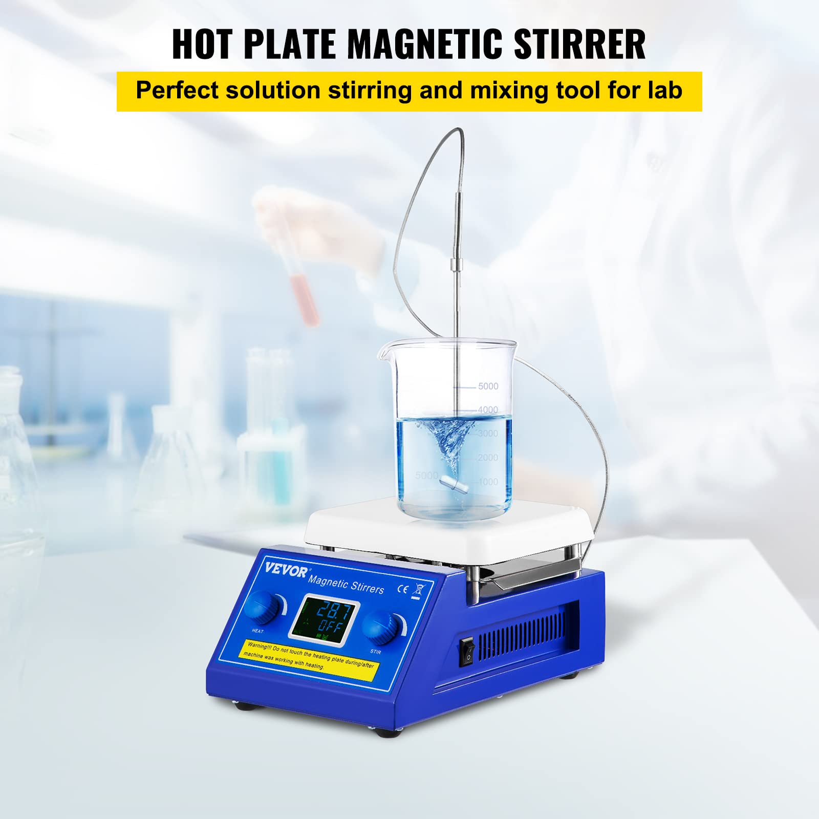 VEVOR Magnetic Stirrer Hot Plate, 5L Capacity Ceramic Coated Hotplate Lab Stirrer 200-2000RPM 608°F/320°C Max Temp Digital Magnetic Stirrer with Temp Probe Sensor and Stirring Bar